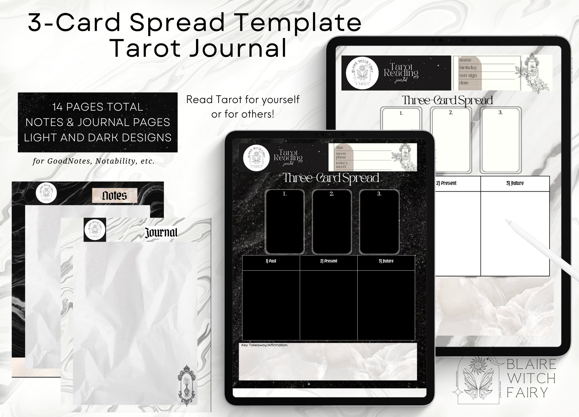 3 Card Spread Template Tarot Three Card Spread Reading and Notes ...