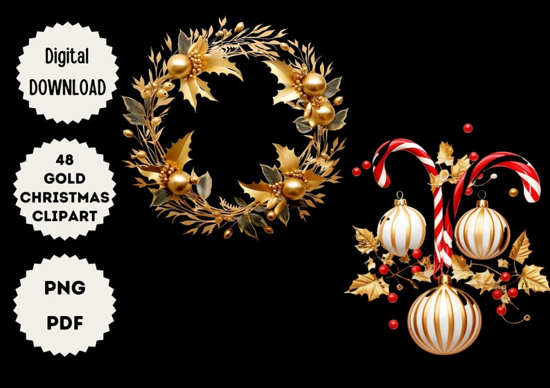 Gold Christmas Clipart Bundle Festive Xmas PNG Images for Invitations ...