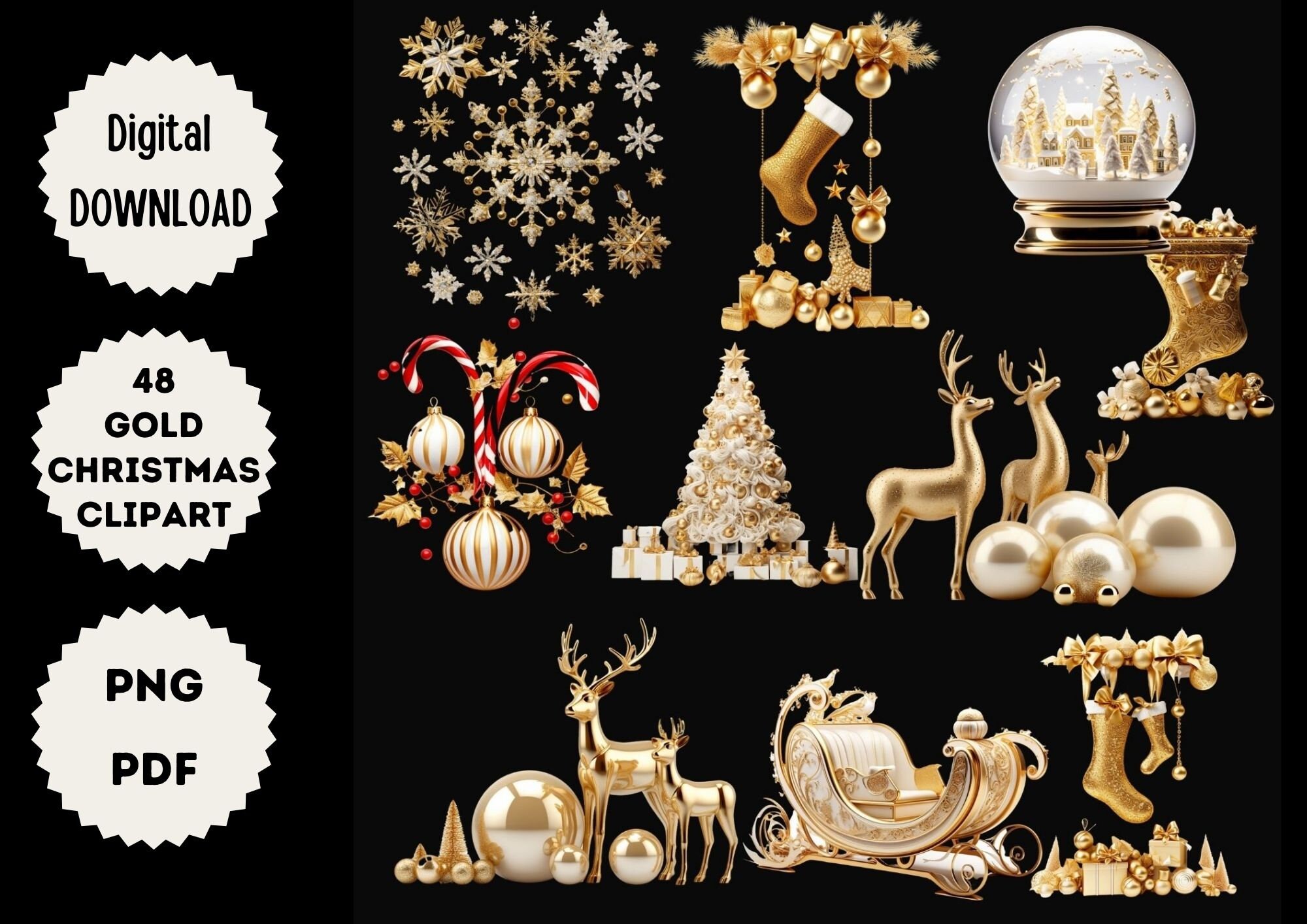 Gold Christmas Clipart Bundle Festive Xmas PNG Images for Invitations ...