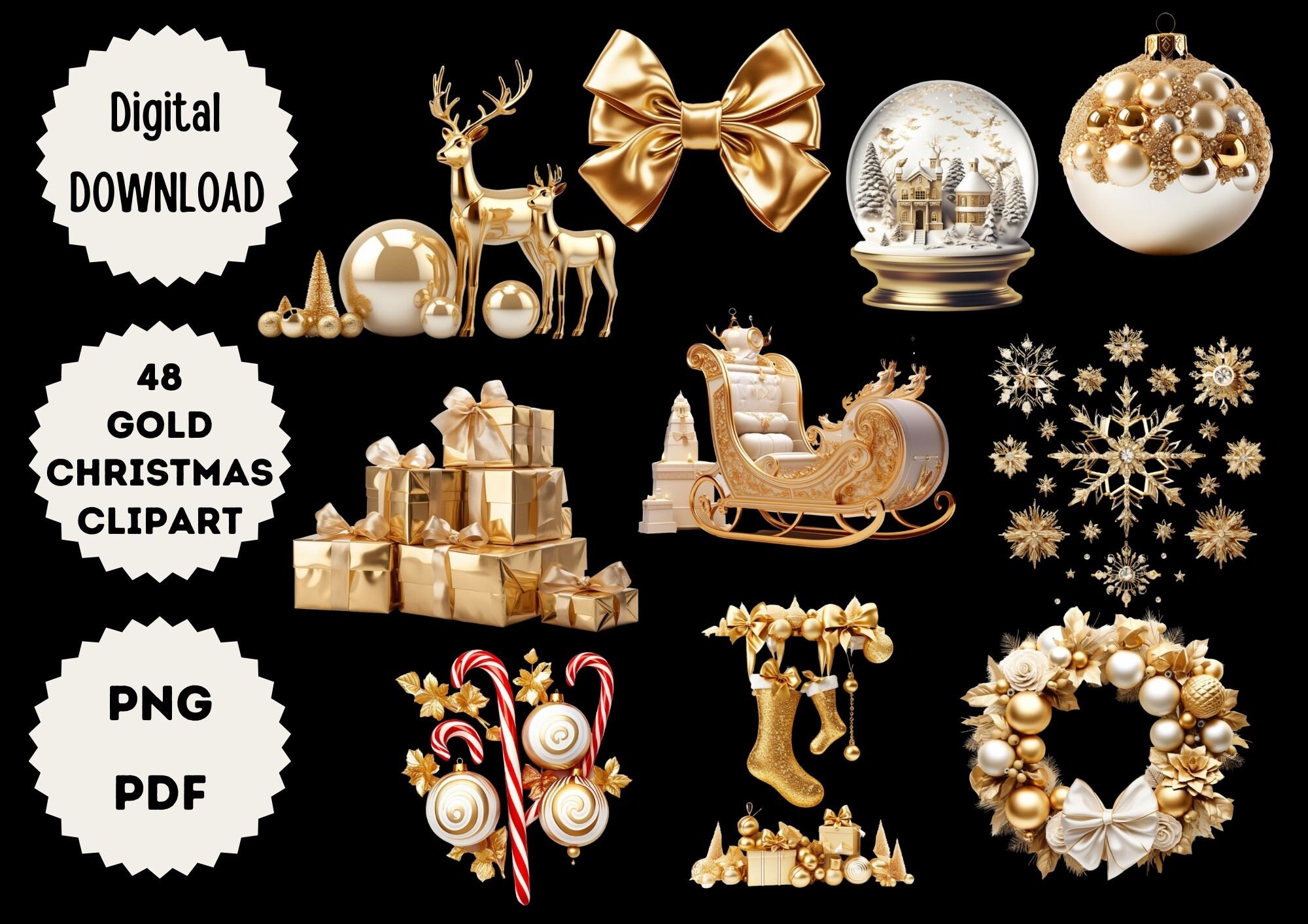 Gold Christmas Clipart Bundle Festive Xmas PNG Images for Invitations ...