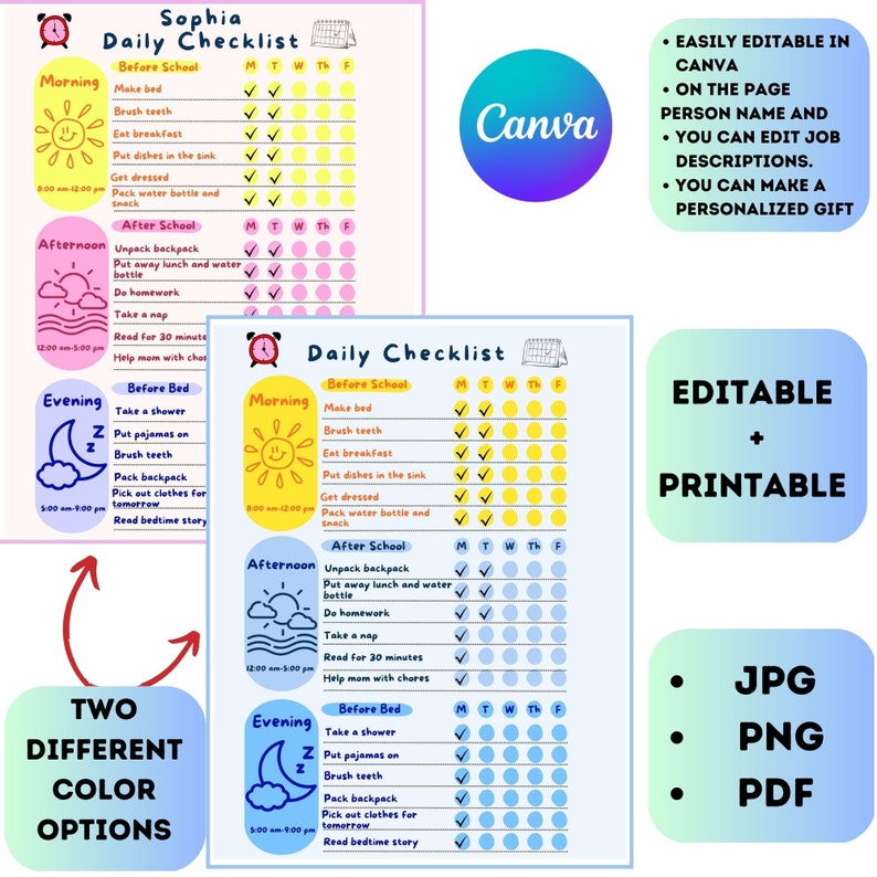 Editable Daily Checklist for Kids, Printable, Kids Responsibility Chart ...