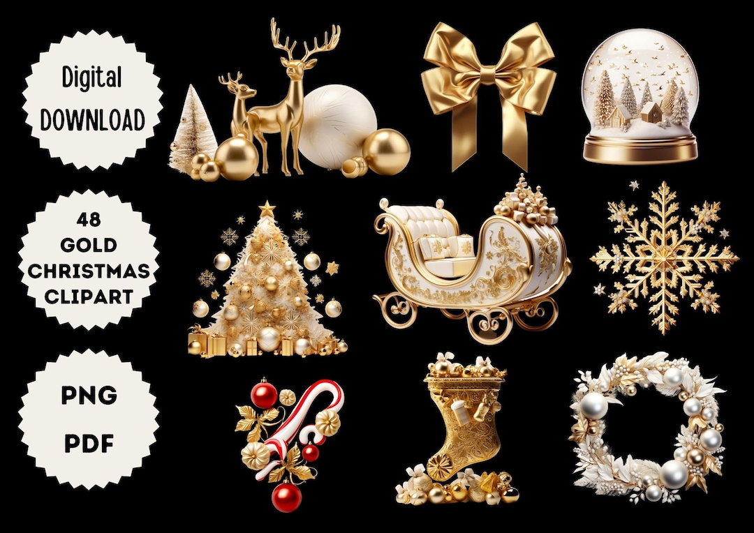 Gold Christmas Clipart Bundle Festive Xmas PNG Images for Invitations ...