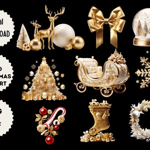 Gold Christmas Clipart Bundle Festive Xmas PNG Images for Invitations ...