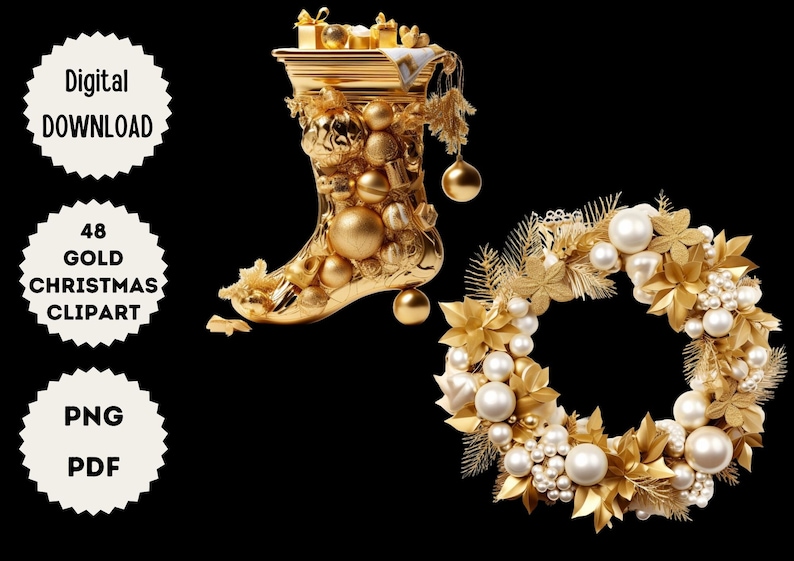 Gold Christmas Clipart Bundle Festive Xmas PNG Images for Invitations ...