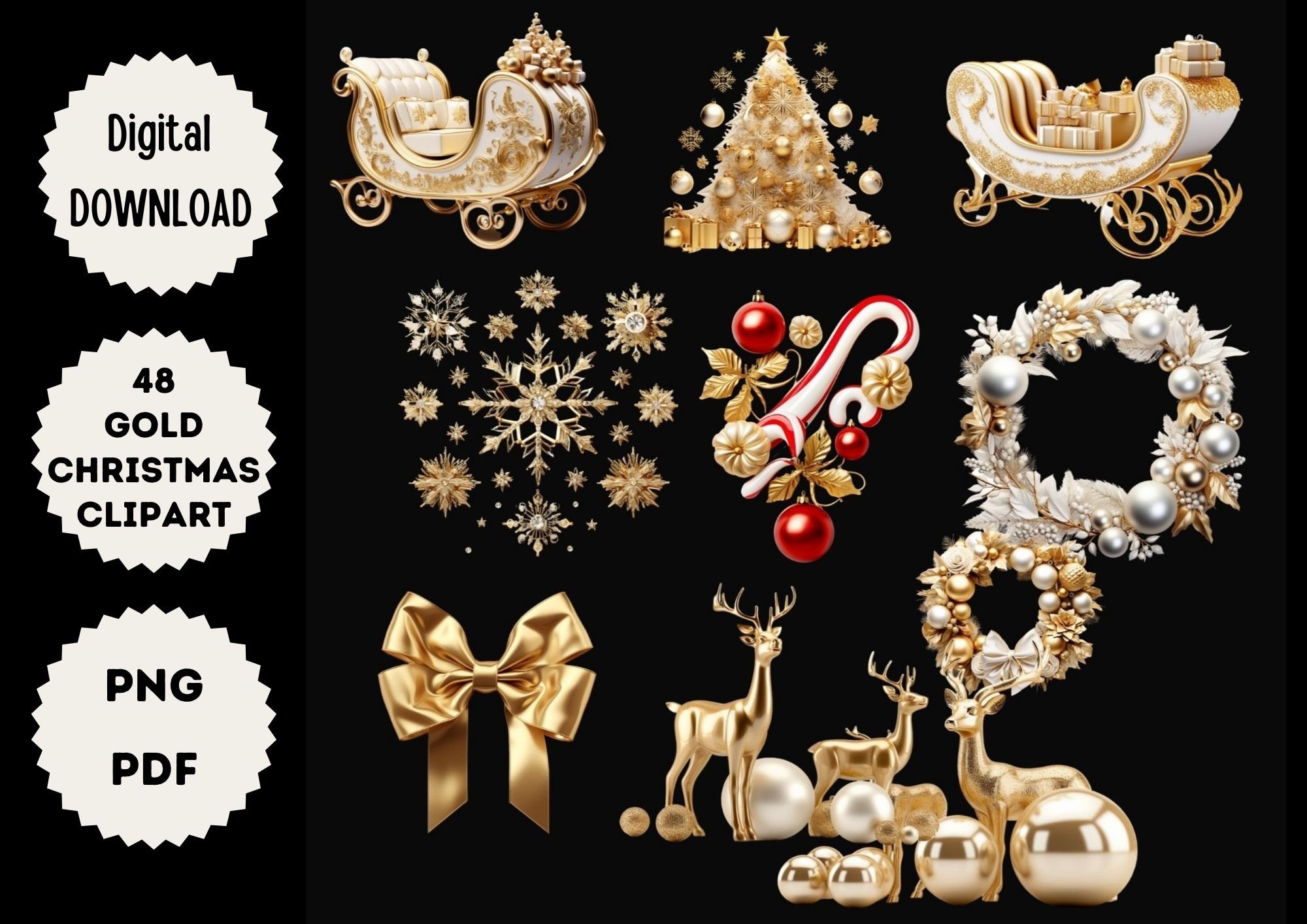 Gold Christmas Clipart Bundle Festive Xmas PNG Images for Invitations ...