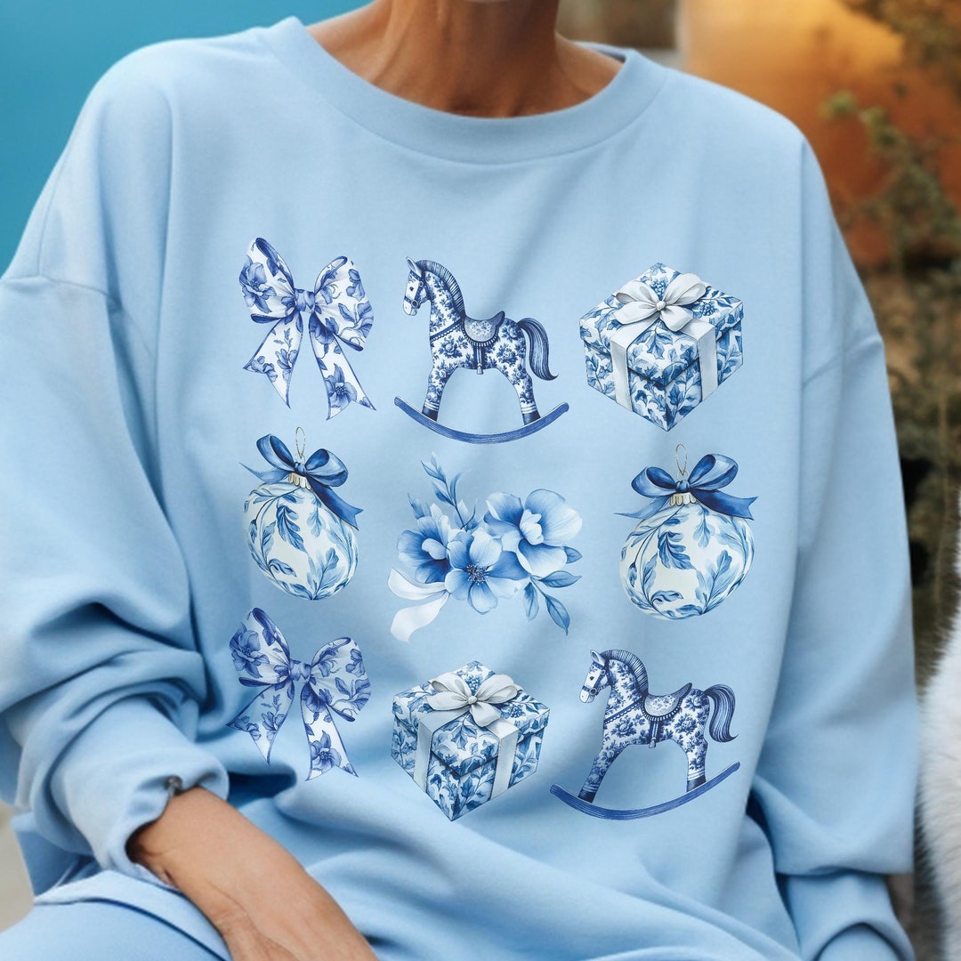 Blue Bow Coquette Sweatshirt Christmas Cute Blue Sweater, Cozy French ...