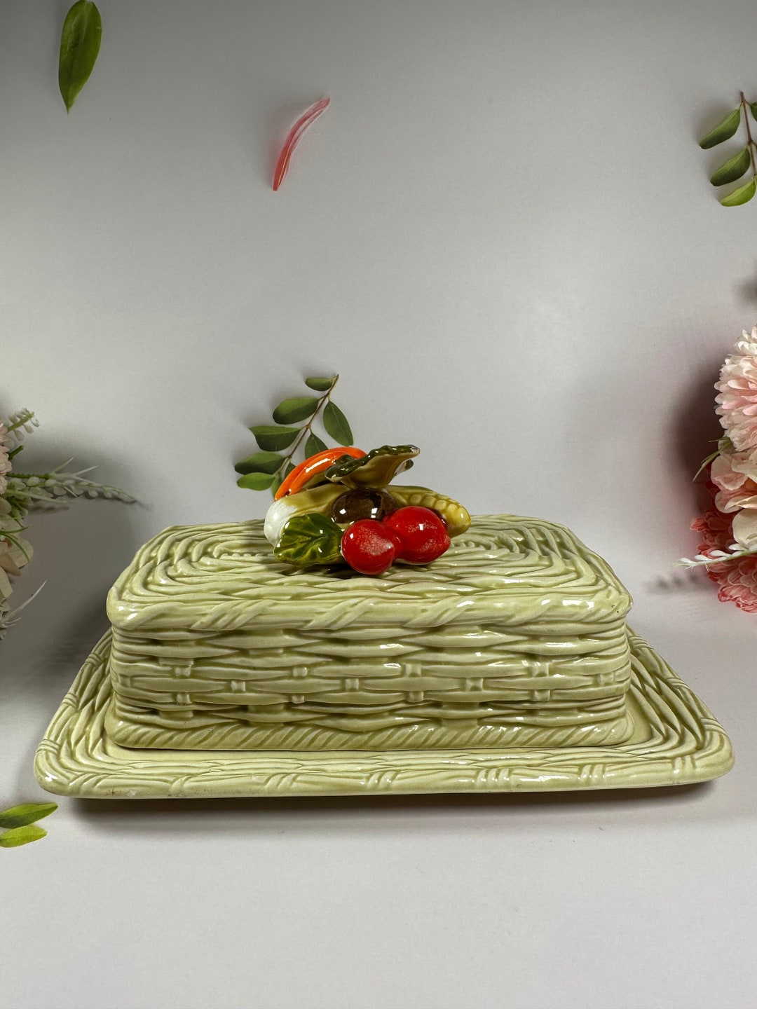 Vintage Lefton Butter Dish Vegetables Ceramic Basket Weave Rare Kitchen ...