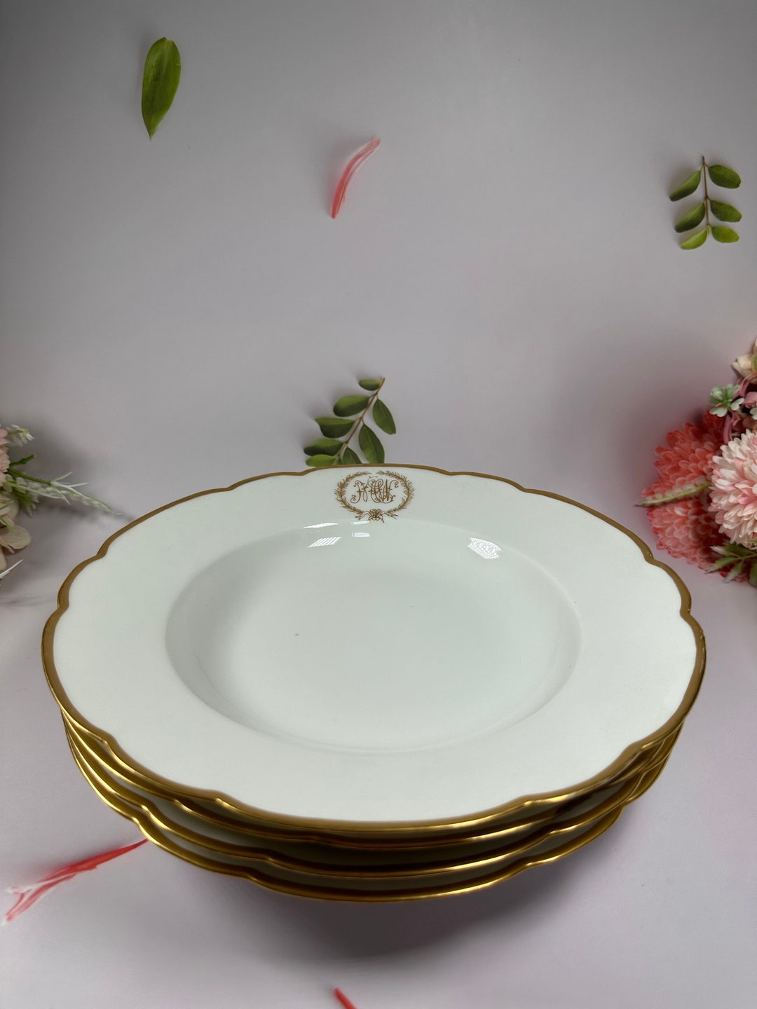 Antique Monogram Limoges Gold Trim Soup Bowl Dinner Service Karat Fancy ...