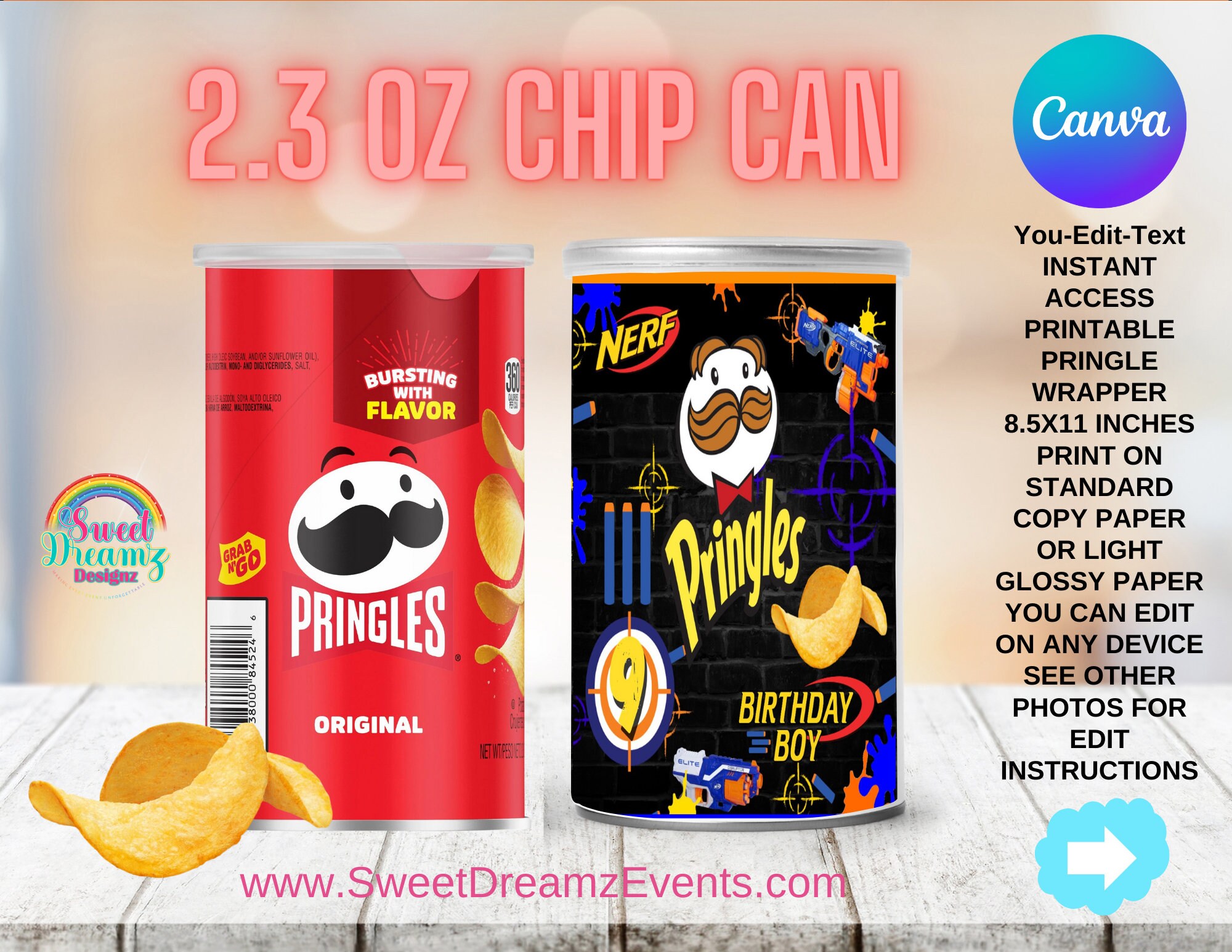 EDITABLE Nerf Inspired Pringle Can Label Dart Gun Chip Can Birthday ...