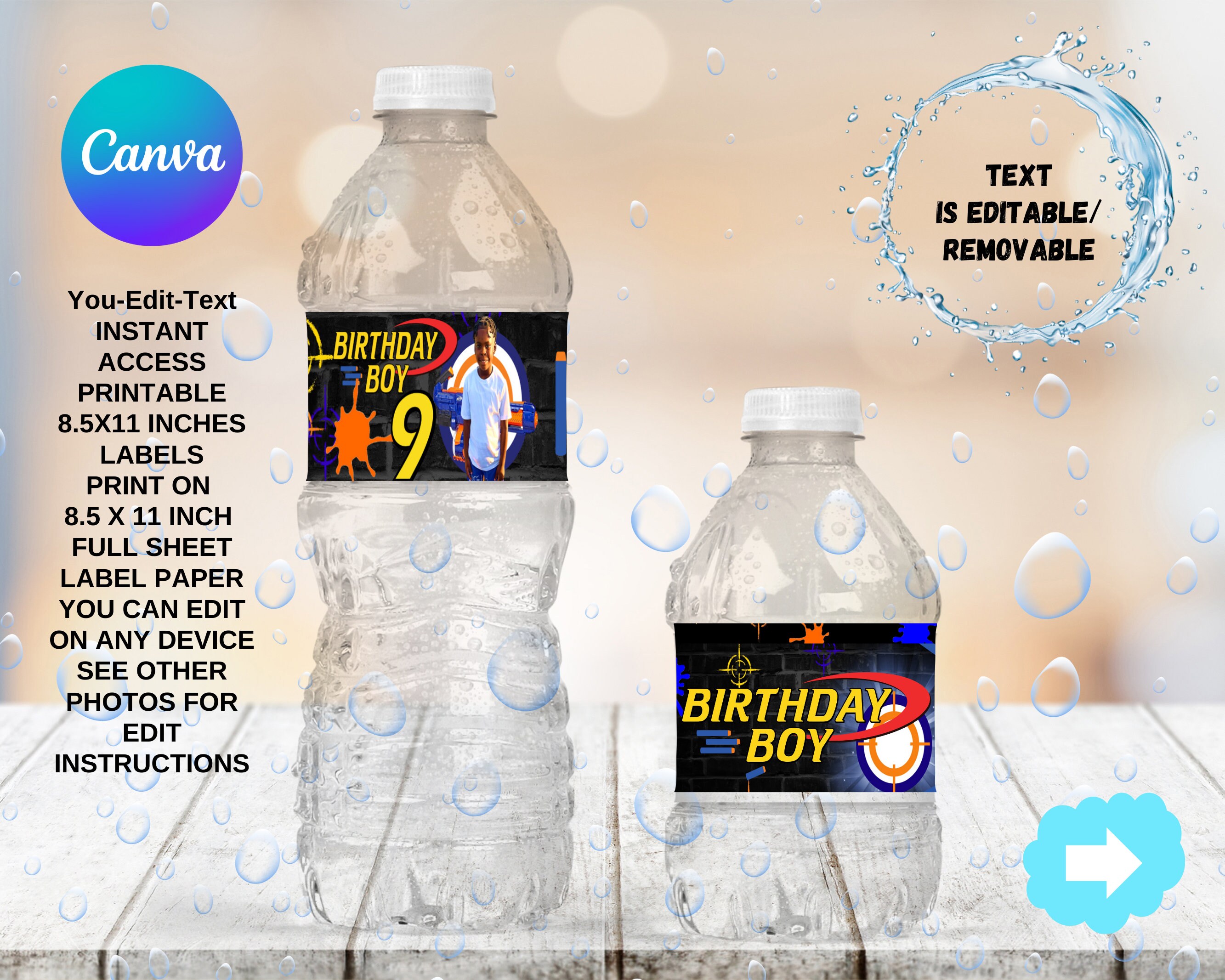 EDITABLE Nerf Inspired Party Water Label Dart Gun Water Birthday Party ...