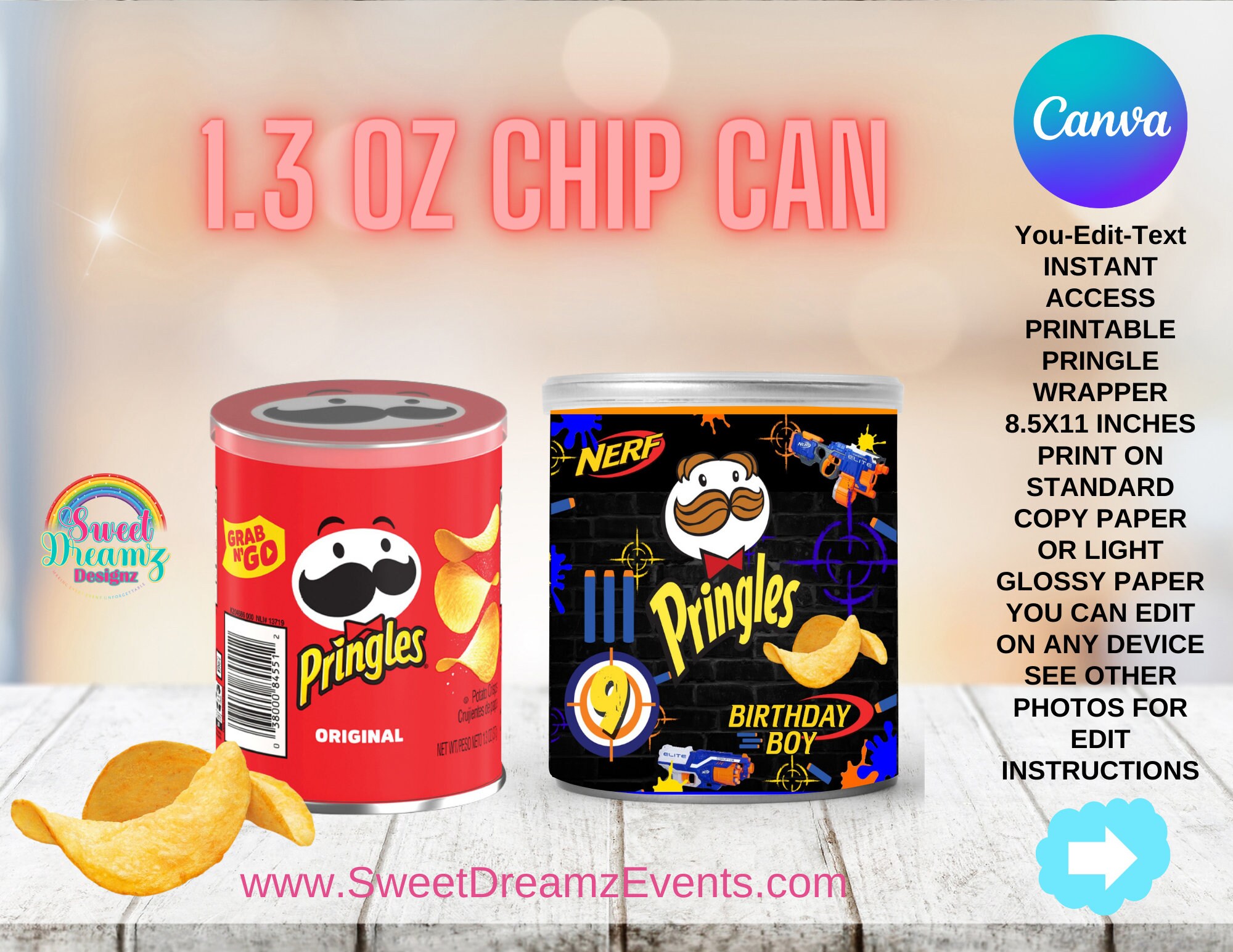 EDITABLE Nerf Inspired Pringle Can Label Dart Gun Chip Can Birthday ...