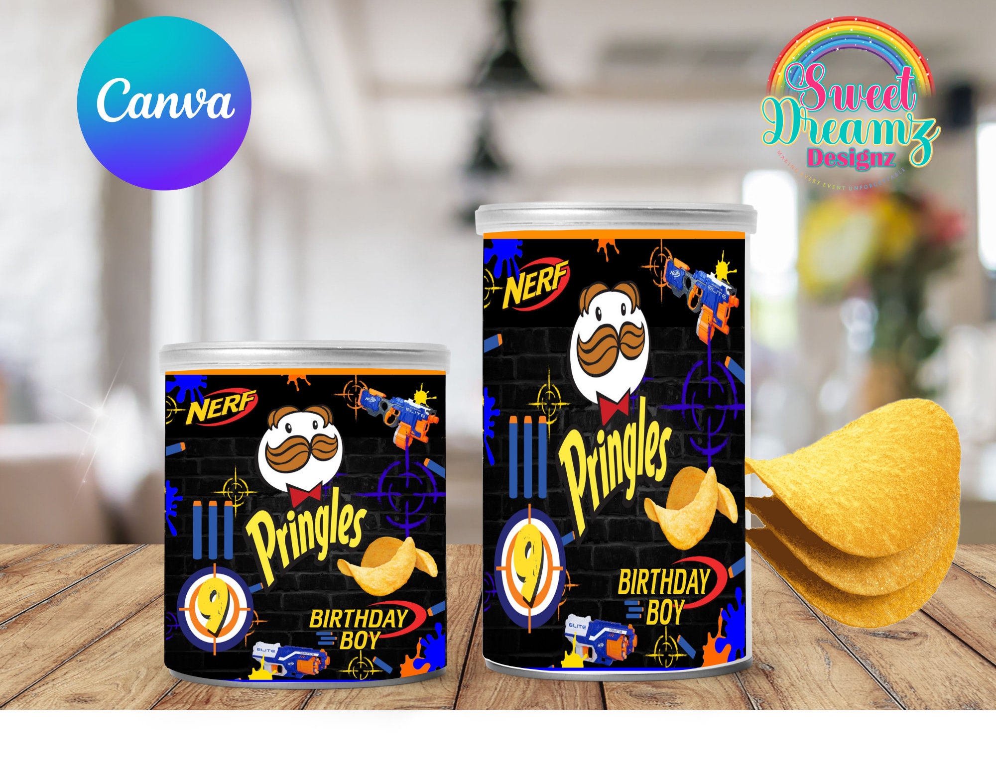EDITABLE Nerf Inspired Pringle Can Label Dart Gun Chip Can Birthday ...