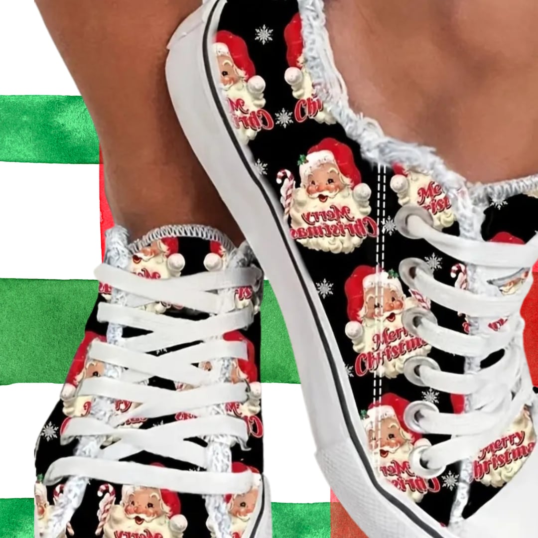 Women's Santa Claus Print Shoes, Lace up Low-top Round Toe Lightweight ...