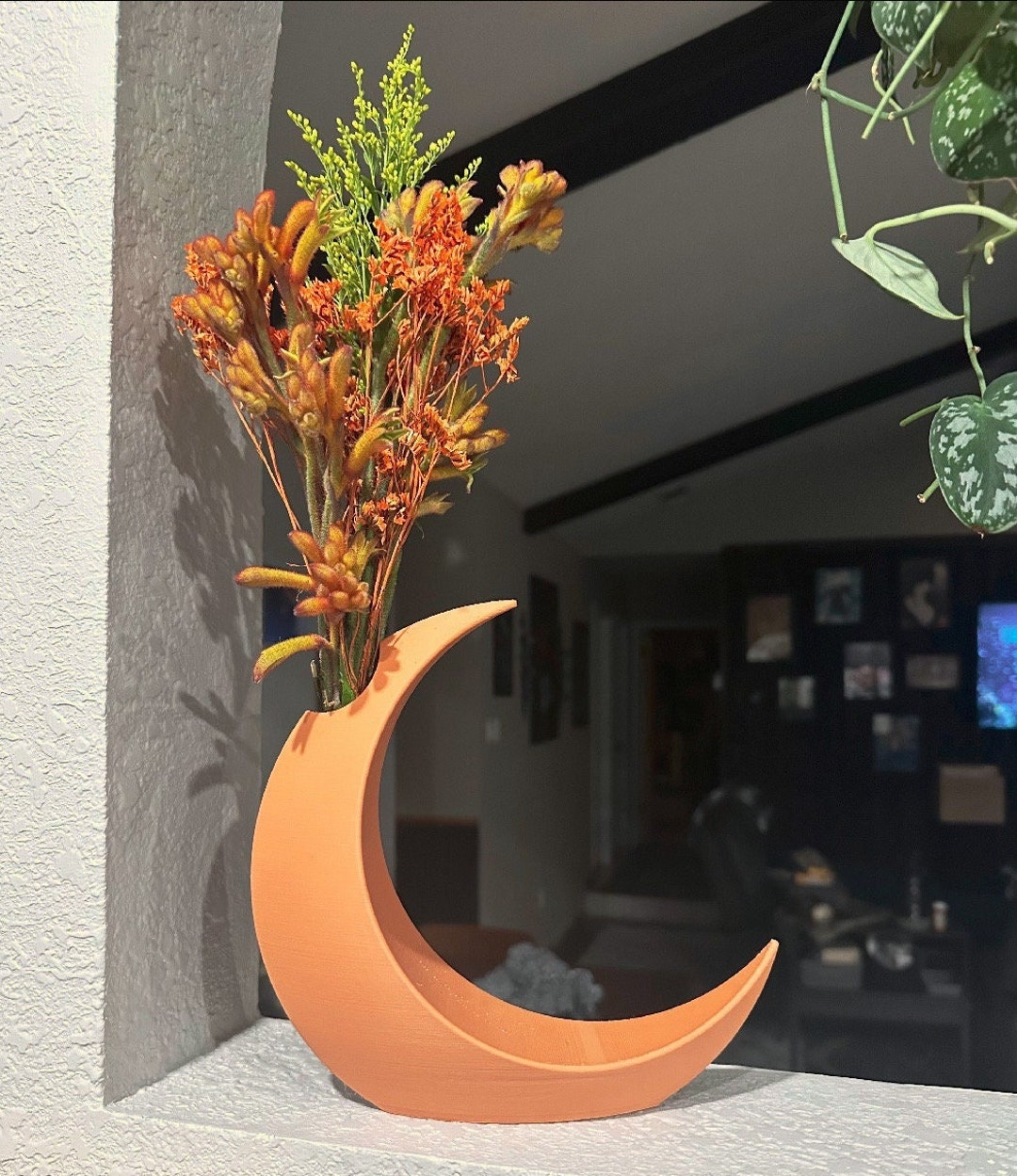 3D Printed Crescent Moon Vase for Flowers, Celestial Sun and Moon Decor ...
