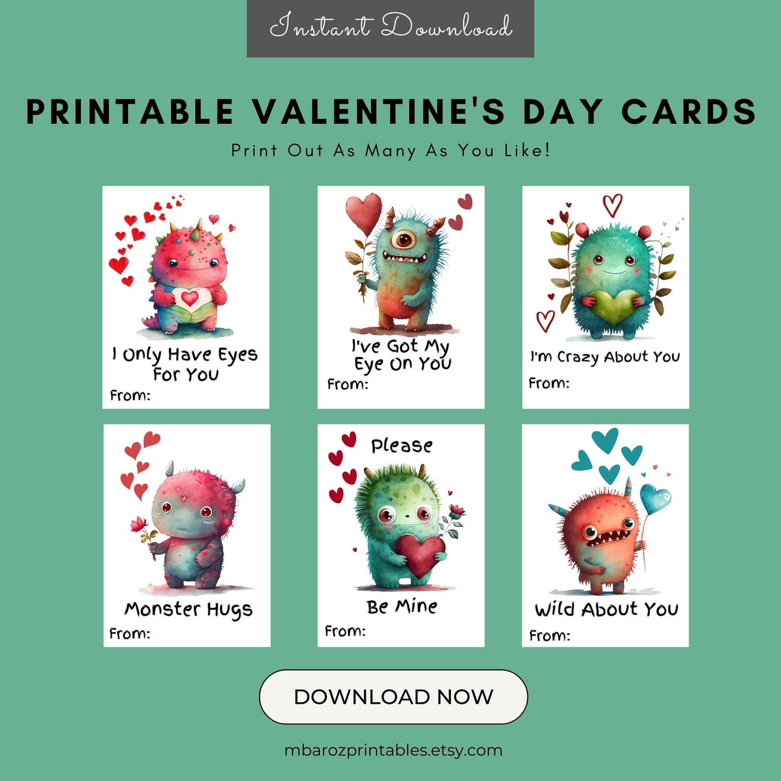 Valentine's Day Cards-printable Kids Valentine's Day Cards Tags-monster ...