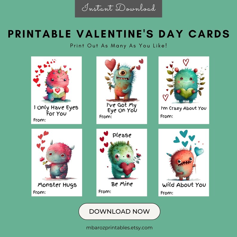 Valentine's Day Cards-printable Kids Valentine's Day Cards Tags-monster ...