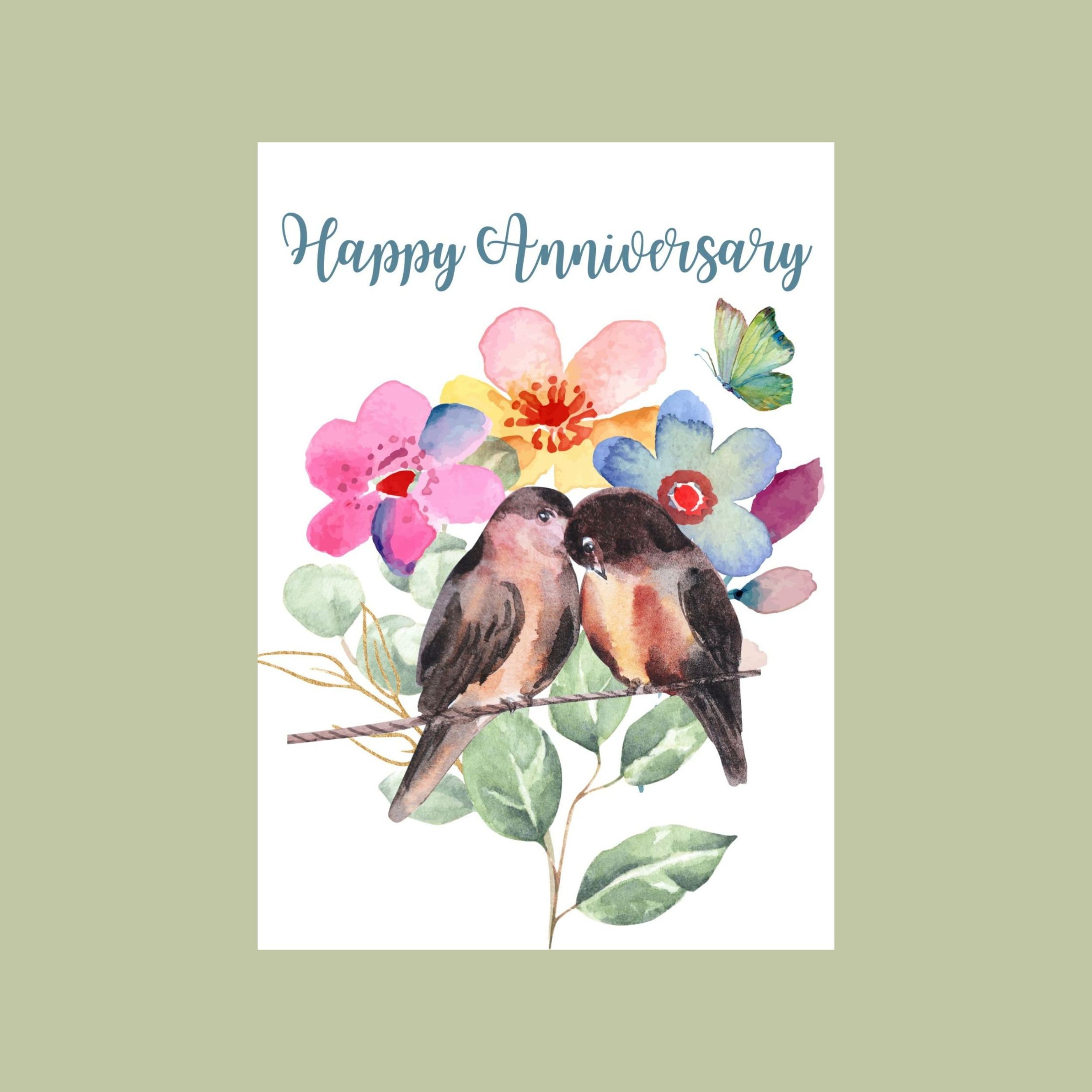 Happy Anniversary Card With Love Birds and Flowers, Romantic Handmade ...