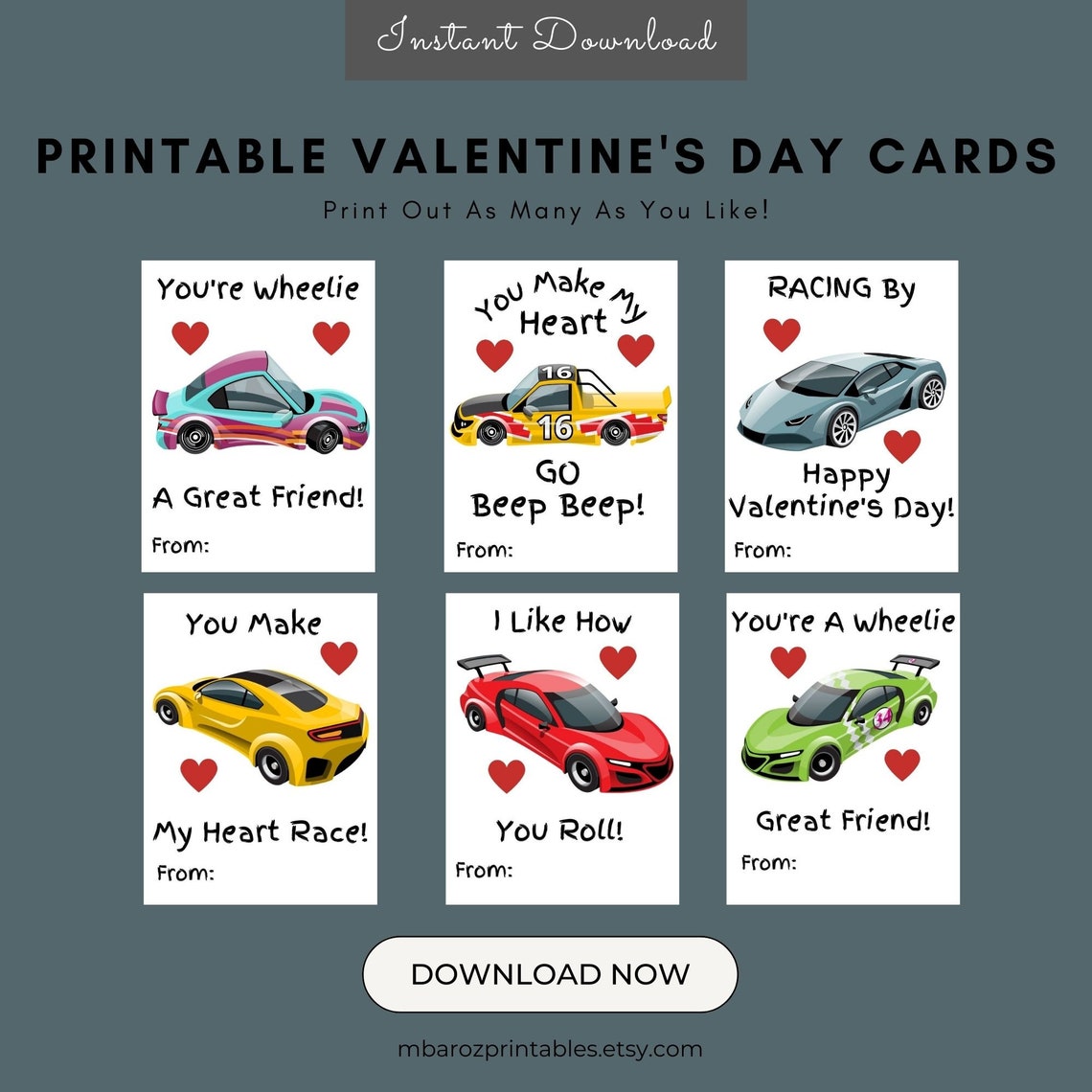 Valentine's Day Cards-printable Kids Valentine's Day Cards Tags-car ...