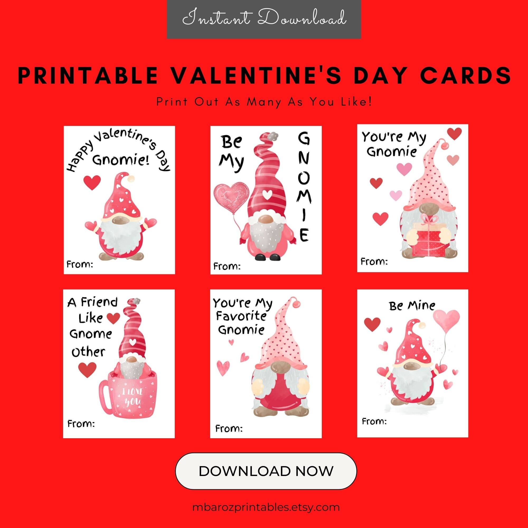Valentine's Day Cards-printable Kids Valentine's Day Cards Tags-gnome Themed Valentine's Day ...