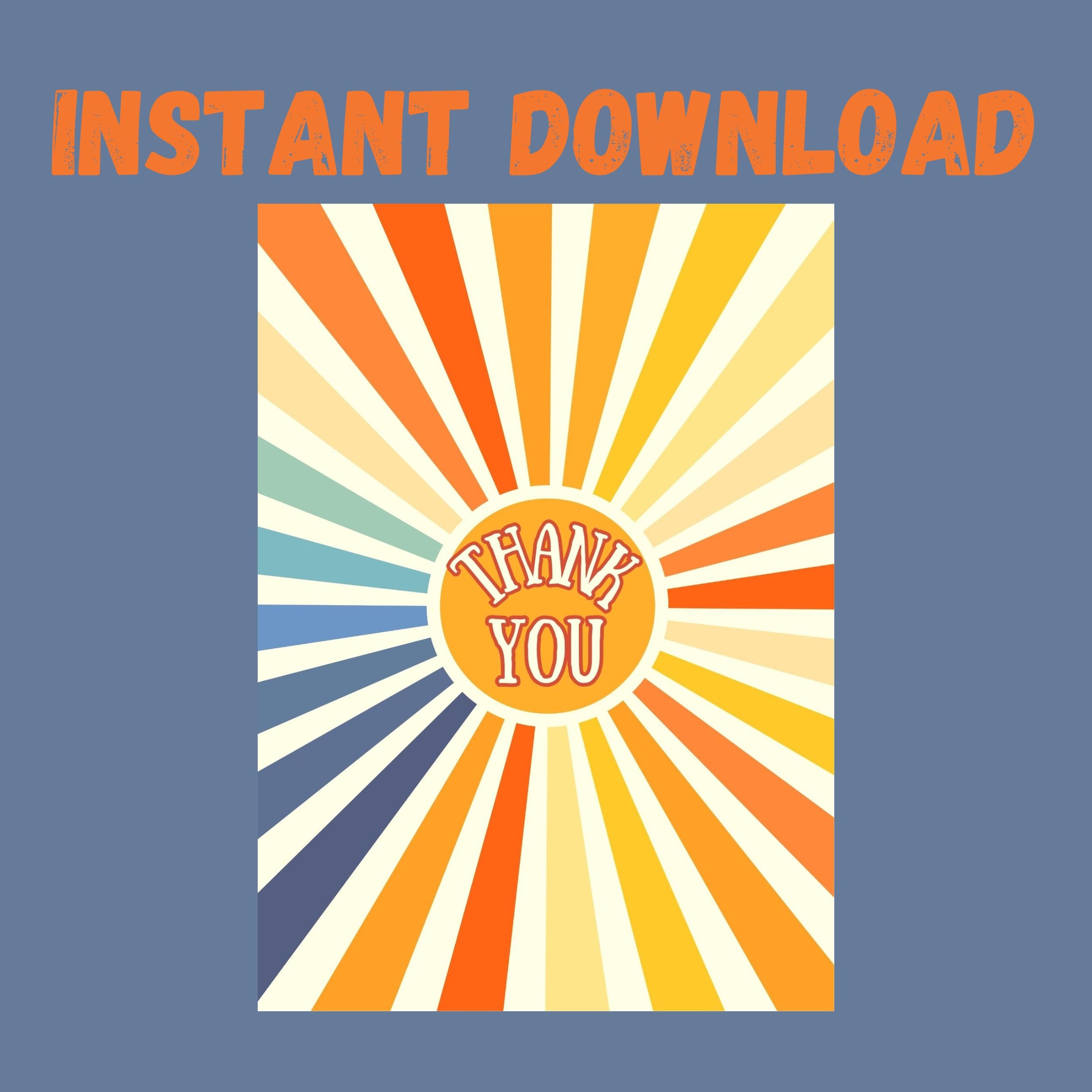 Thank You Card, Digital Download Printable, Retro Groovy Sunshine Thank ...