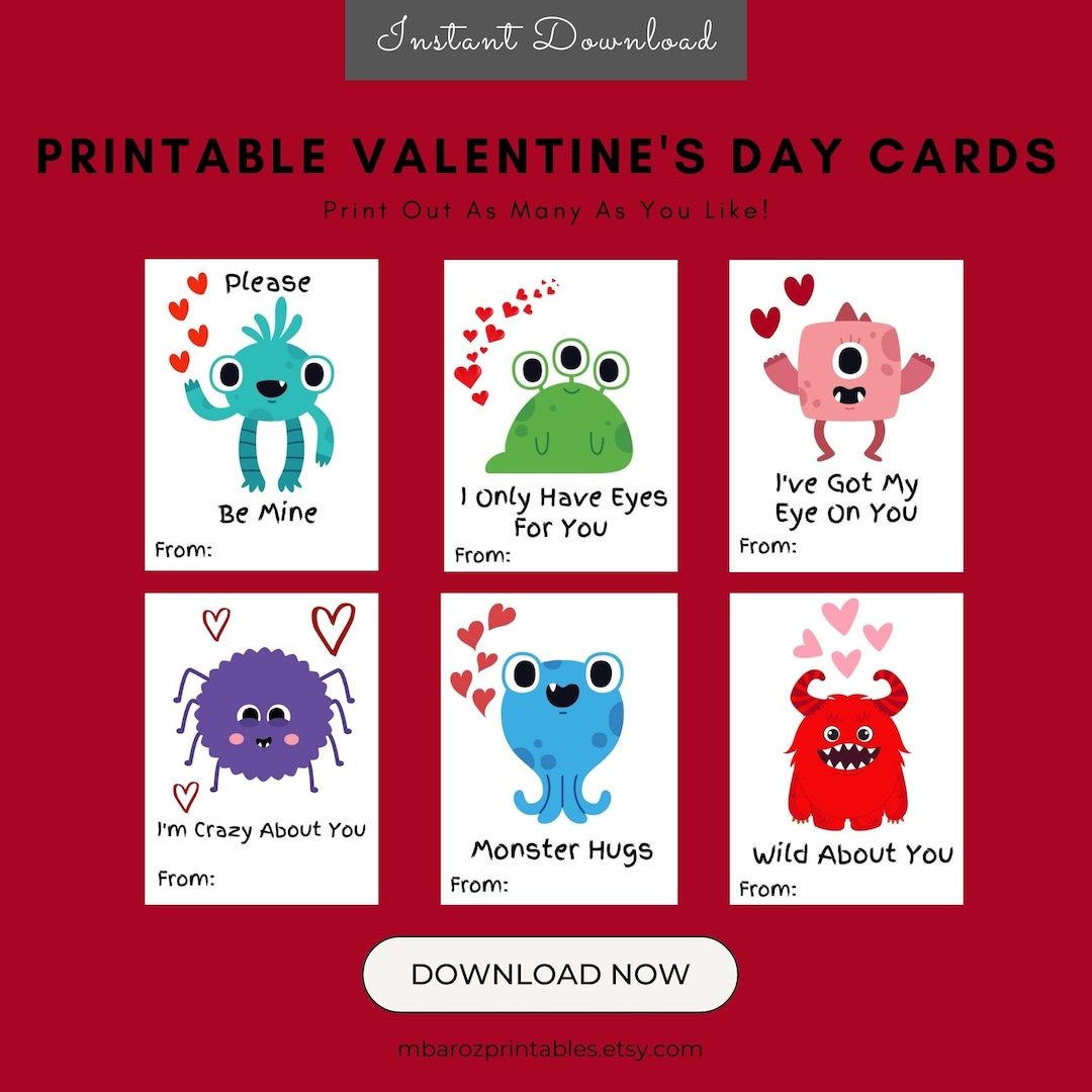 Valentine's Day Cards-printable Kids Valentine's Day Cards Tags-monster ...