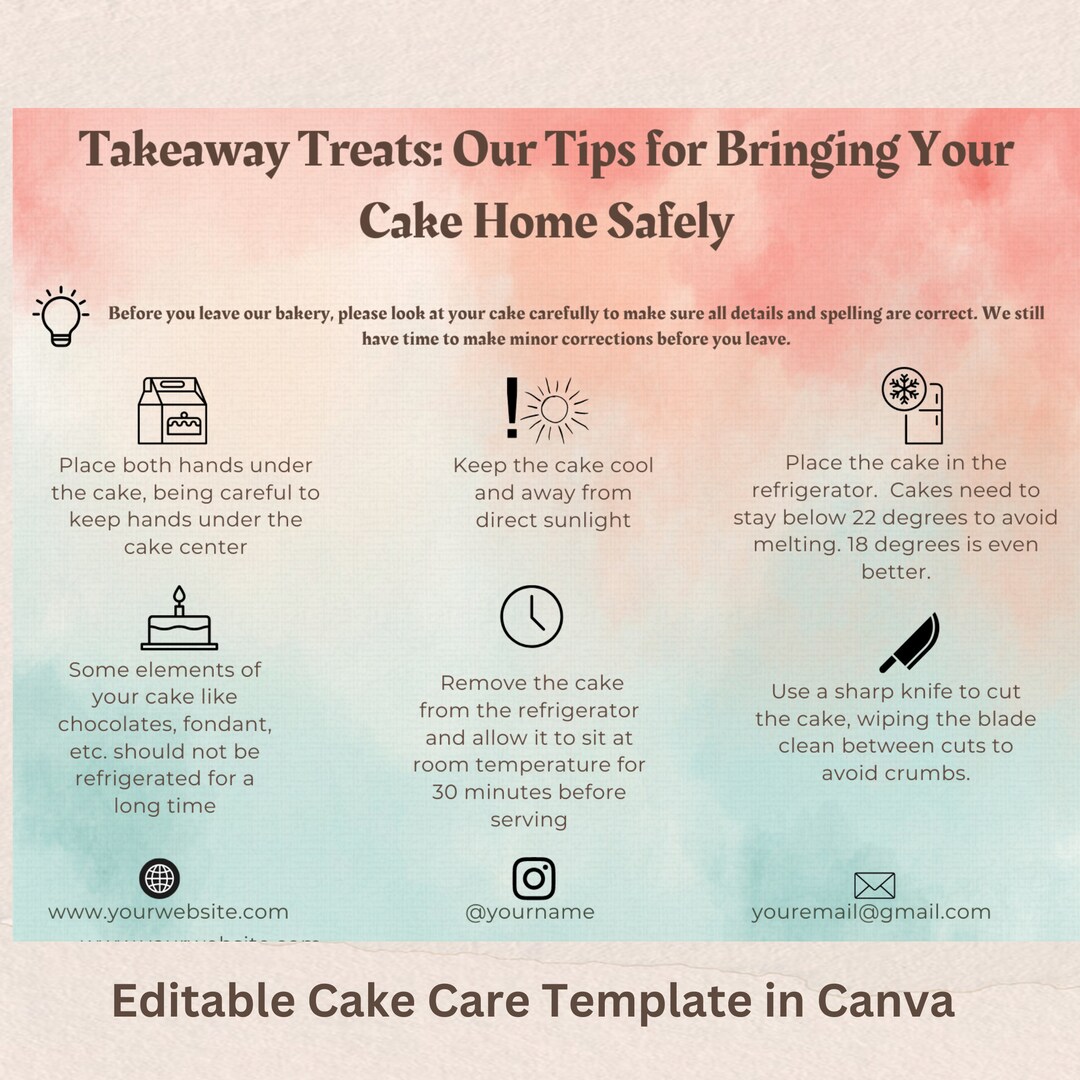 Cake Care Card Canva Editable Cake Care Instructions Card - Etsy