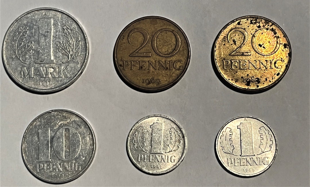 Vintage DDR Coins 1958-1983: 1 Mark; 50, 20, 10, 1 Pfennig - Various ...
