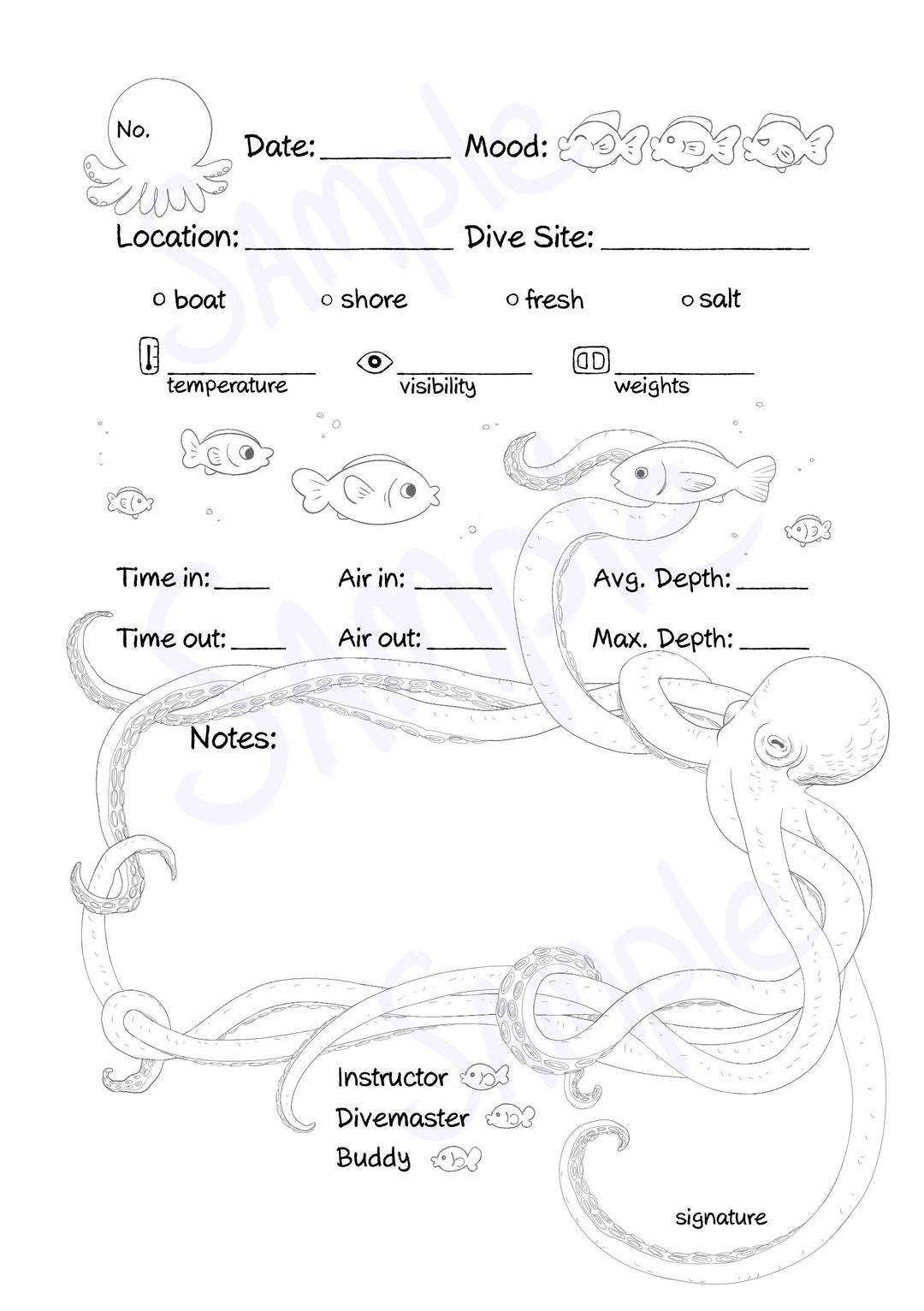 Digital Scuba Diving Log Book Printable A5 Sheet Beautiful - Etsy