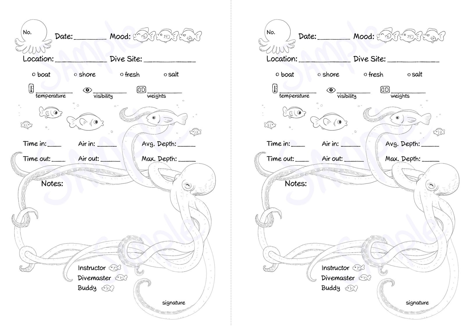 Digital Scuba Diving Log Book Printable A5 Sheet Beautiful - Etsy