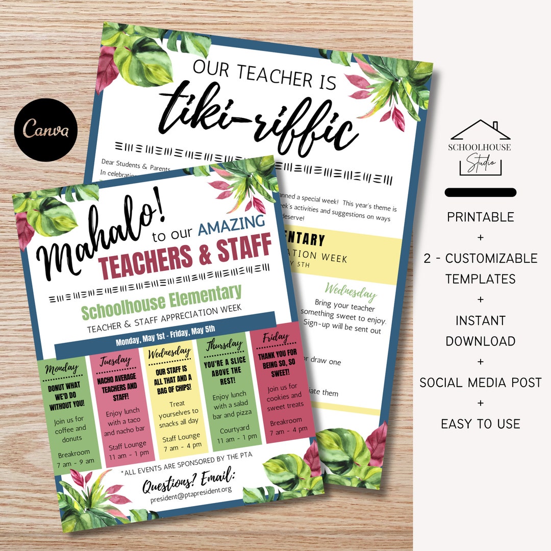 EDITABLE Hawaiian Luau Tropical Flowers Theme Teacher Appreciation Week ...