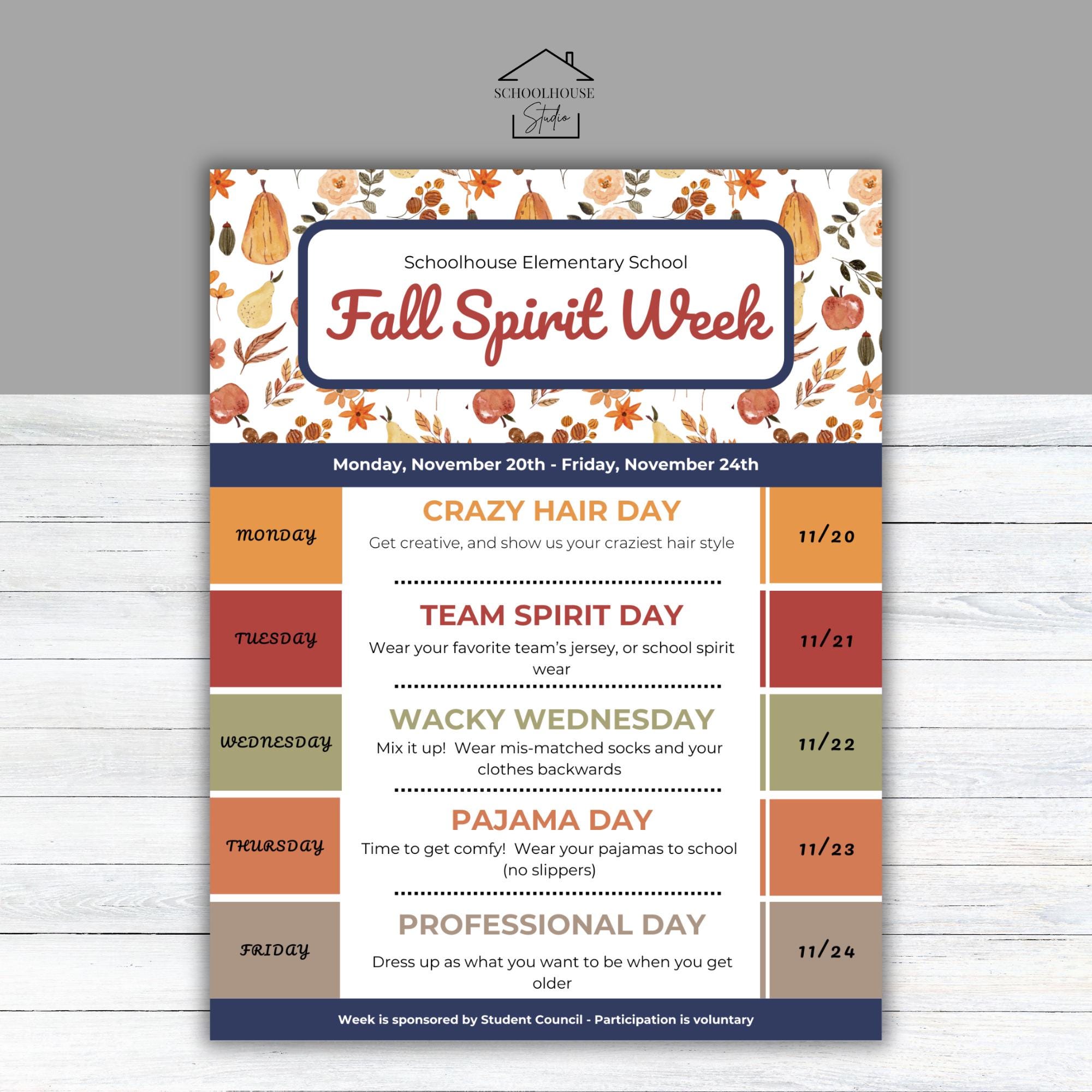 Autumn School Spirit Week Calendar Template: Pumpkin Newsletter (canva ...