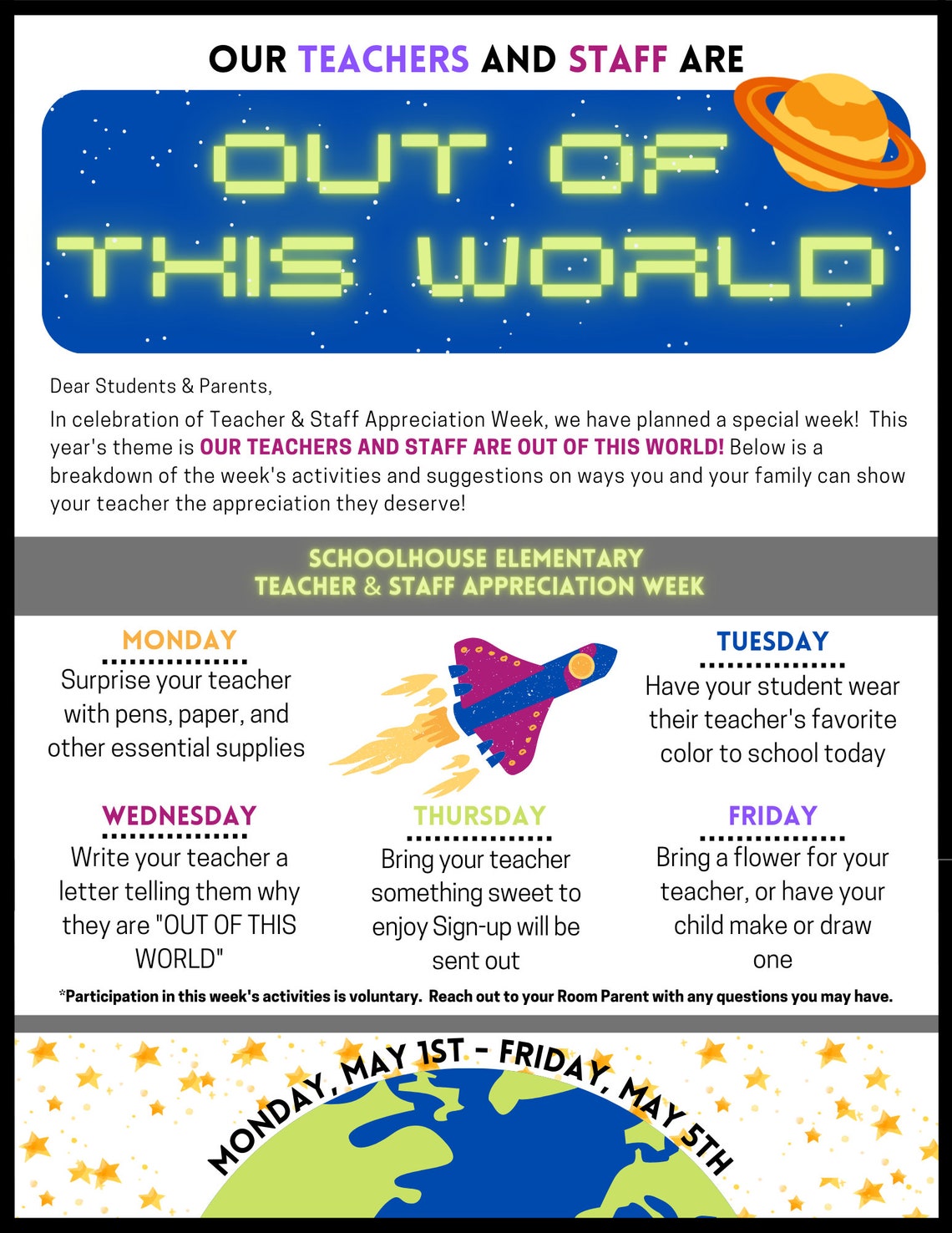 EDITABLE Space Out of This World Theme Teacher and Staff Appreciation ...