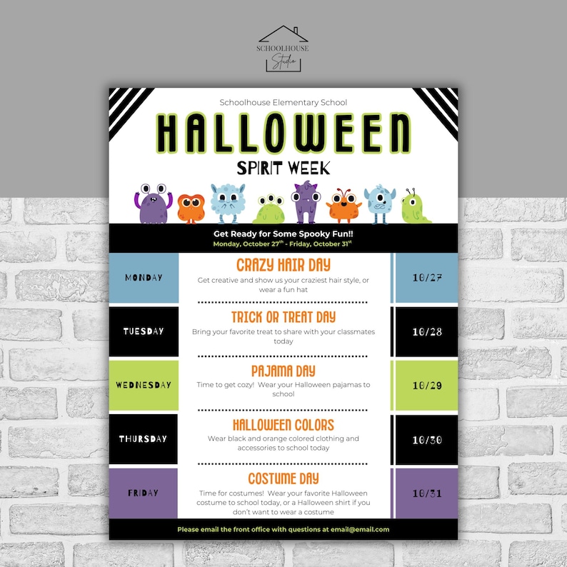 Halloween School Spirit Week Calendar: Editable School Events Template ...