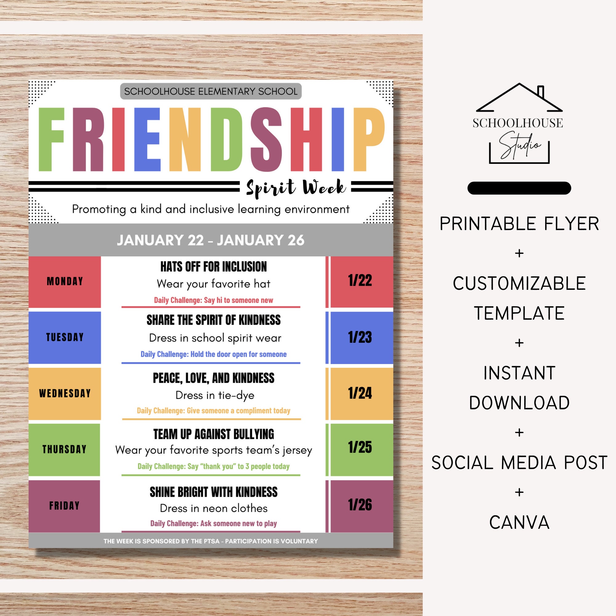 EDITABLE Friendship Spirit Week Calendar of Events, Weekly Itinerary ...
