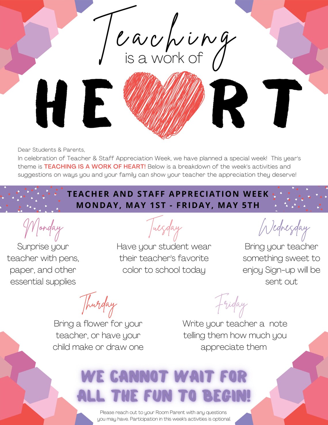 EDITABLE Hearts Love Theme Teacher and Staff Appreciation Flyer, Send ...
