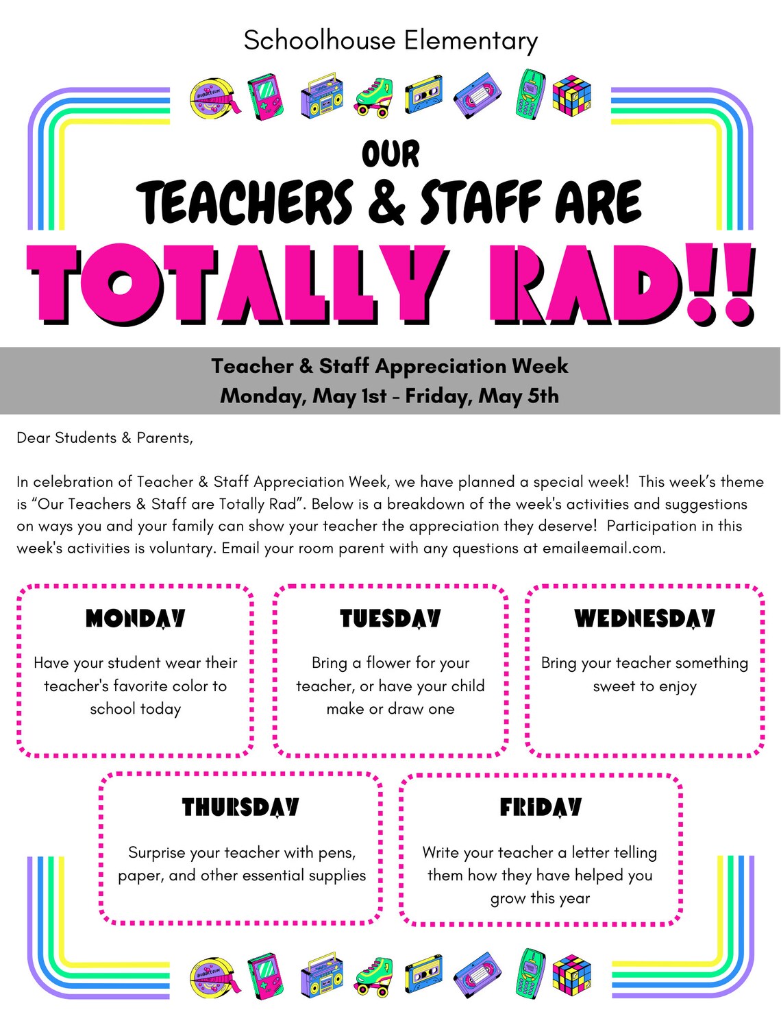 EDITABLE 80s 90s Retro Rad Theme Teacher Staff Appreciation Flyer, Send ...