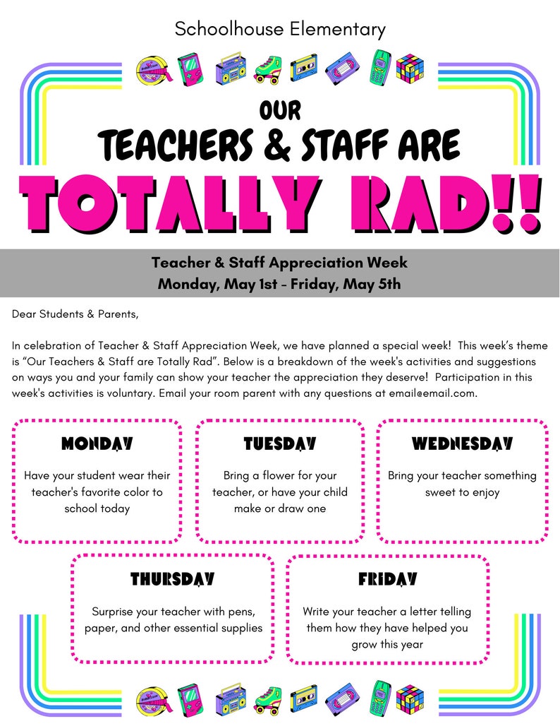 EDITABLE 80s 90s Retro Rad Theme Teacher Staff Appreciation Flyer, Send ...