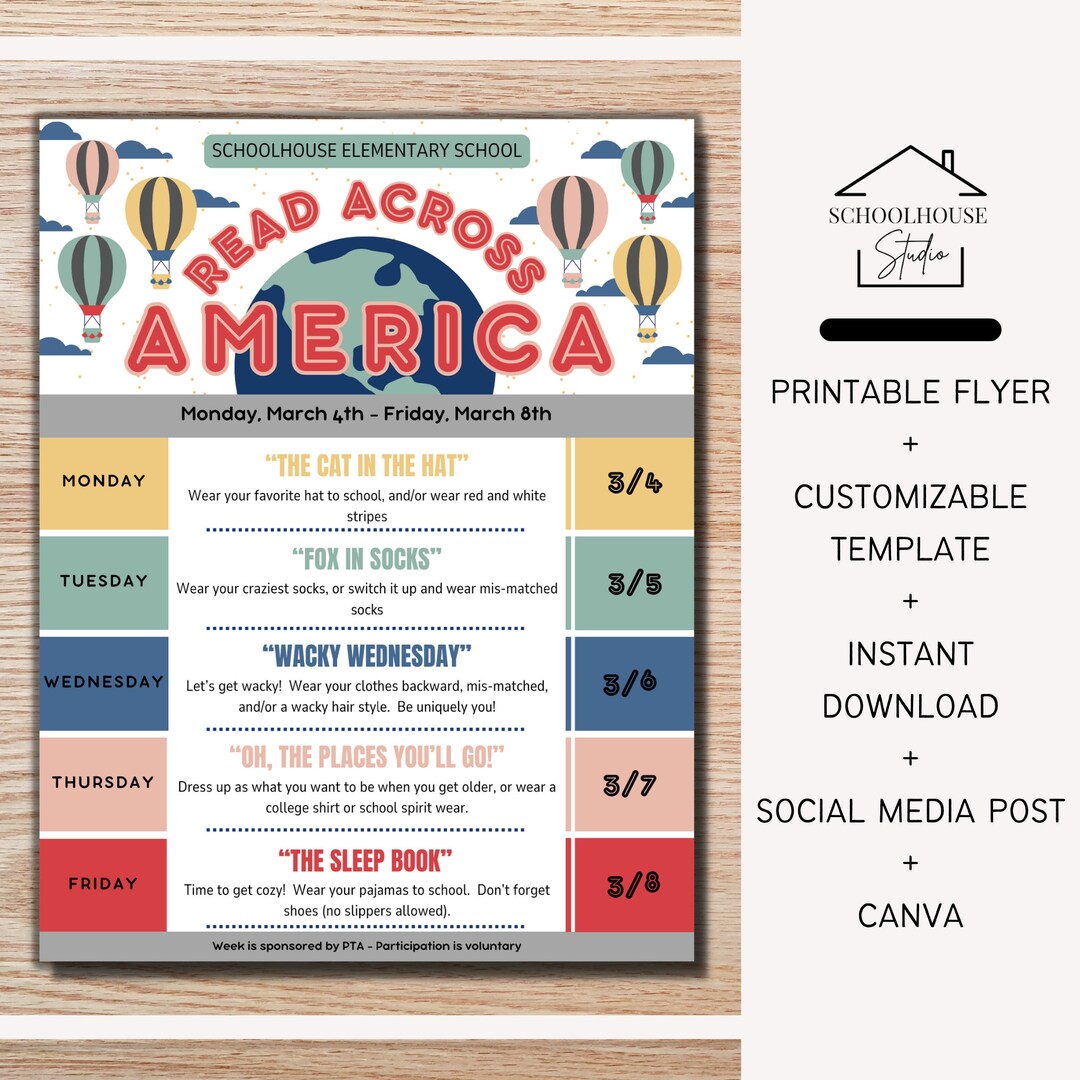 EDITABLE Read Across America School Spirit Week, Dr. Seuss Birthday ...