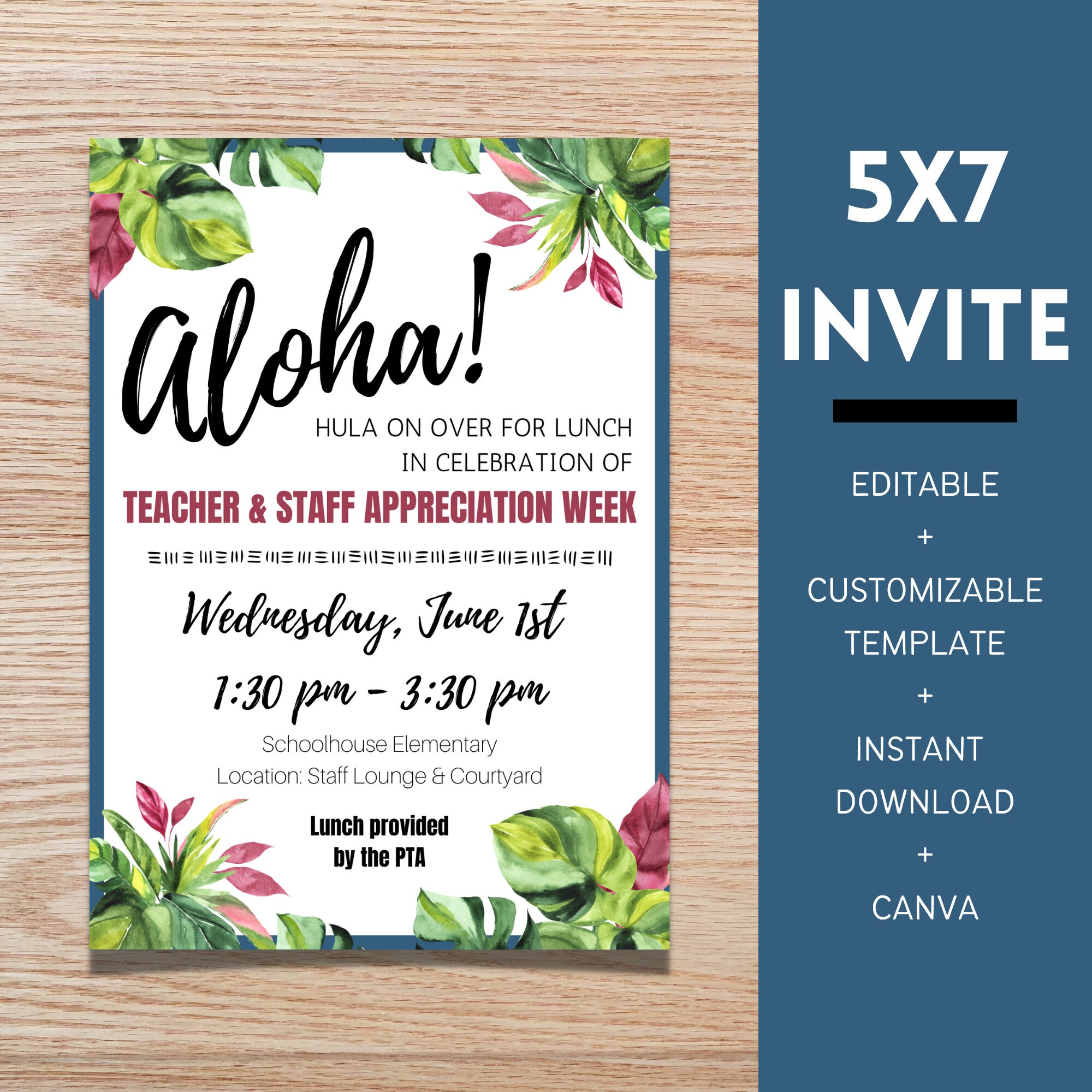 EDITABLE Hawaiian Luau Tropical Flower Theme Invite, Lunch Invitation ...