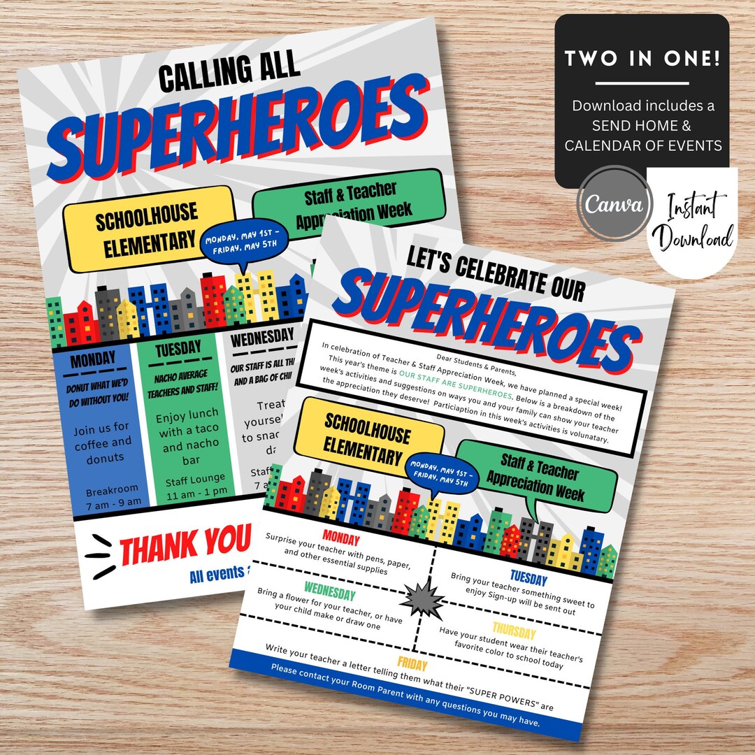 EDITABLE Superhero Theme Teacher and Staff Appreciation Week - Etsy