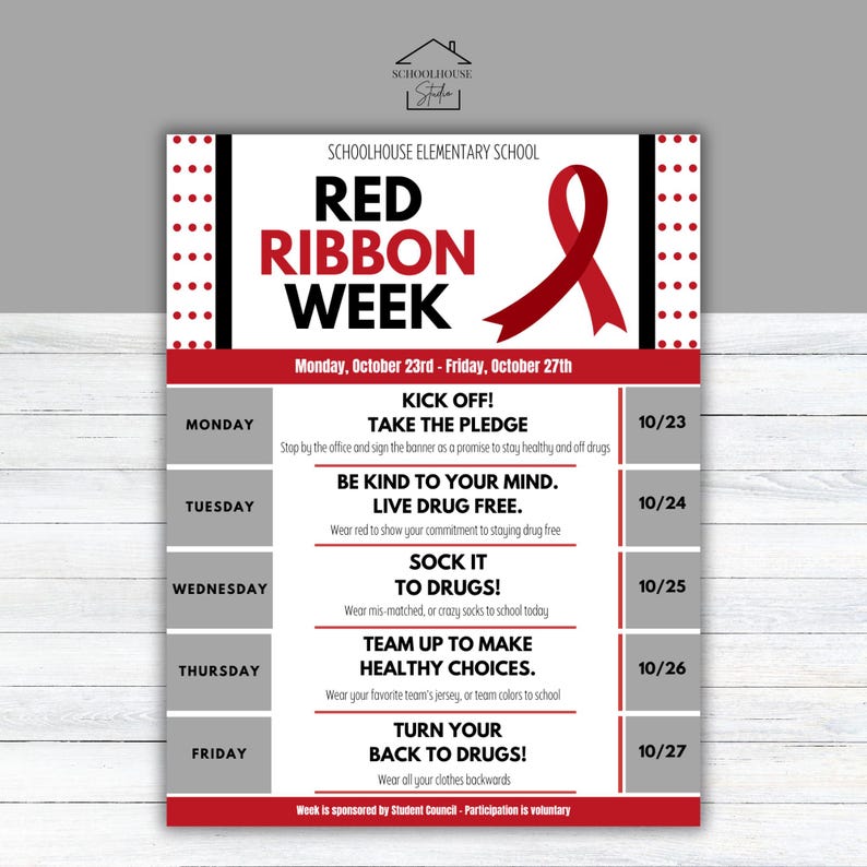 Red Ribbon Week Template: Editable Calendar of Events, School Spirit ...