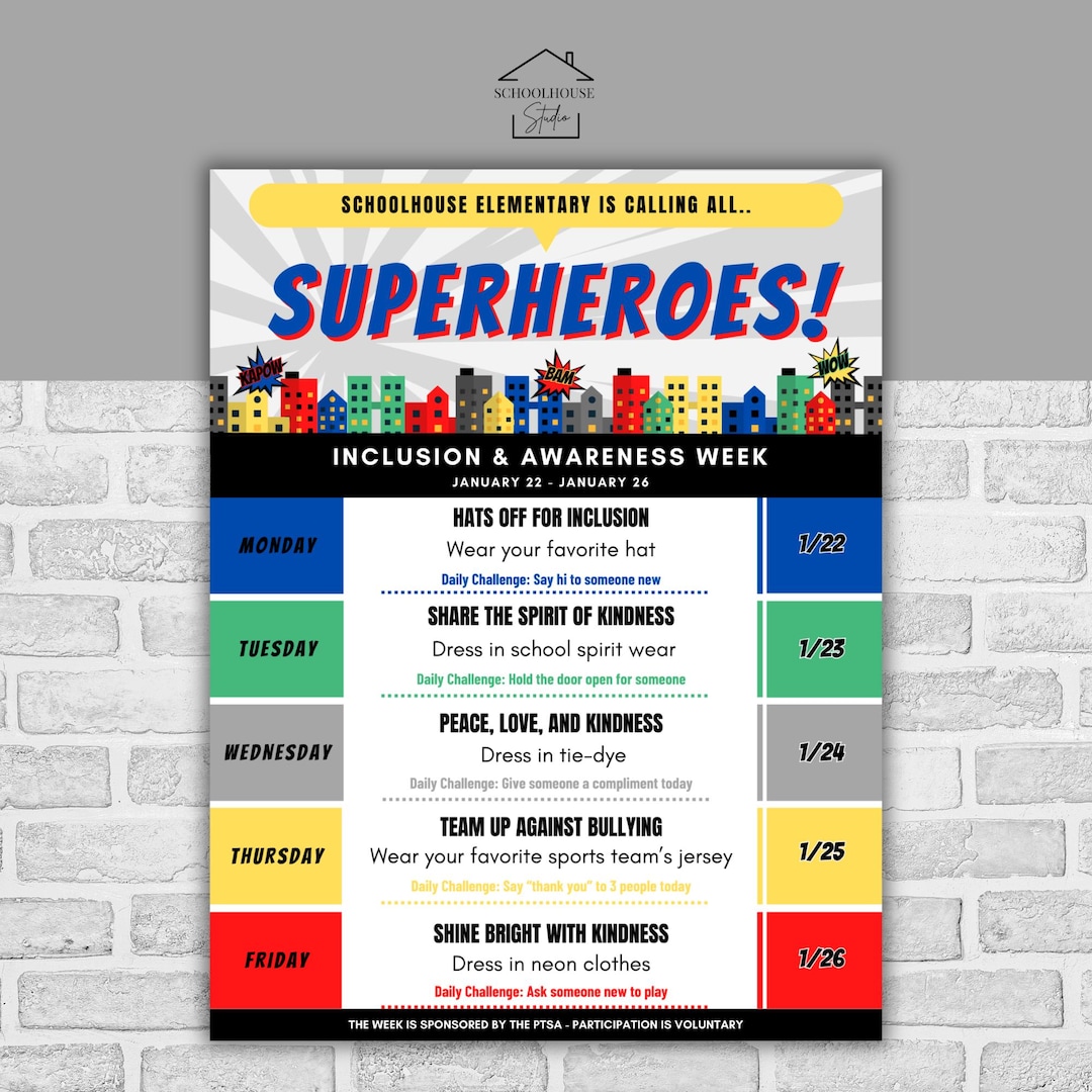 Superhero Template: School Spirit Week, Inclusion Kindness Awareness ...