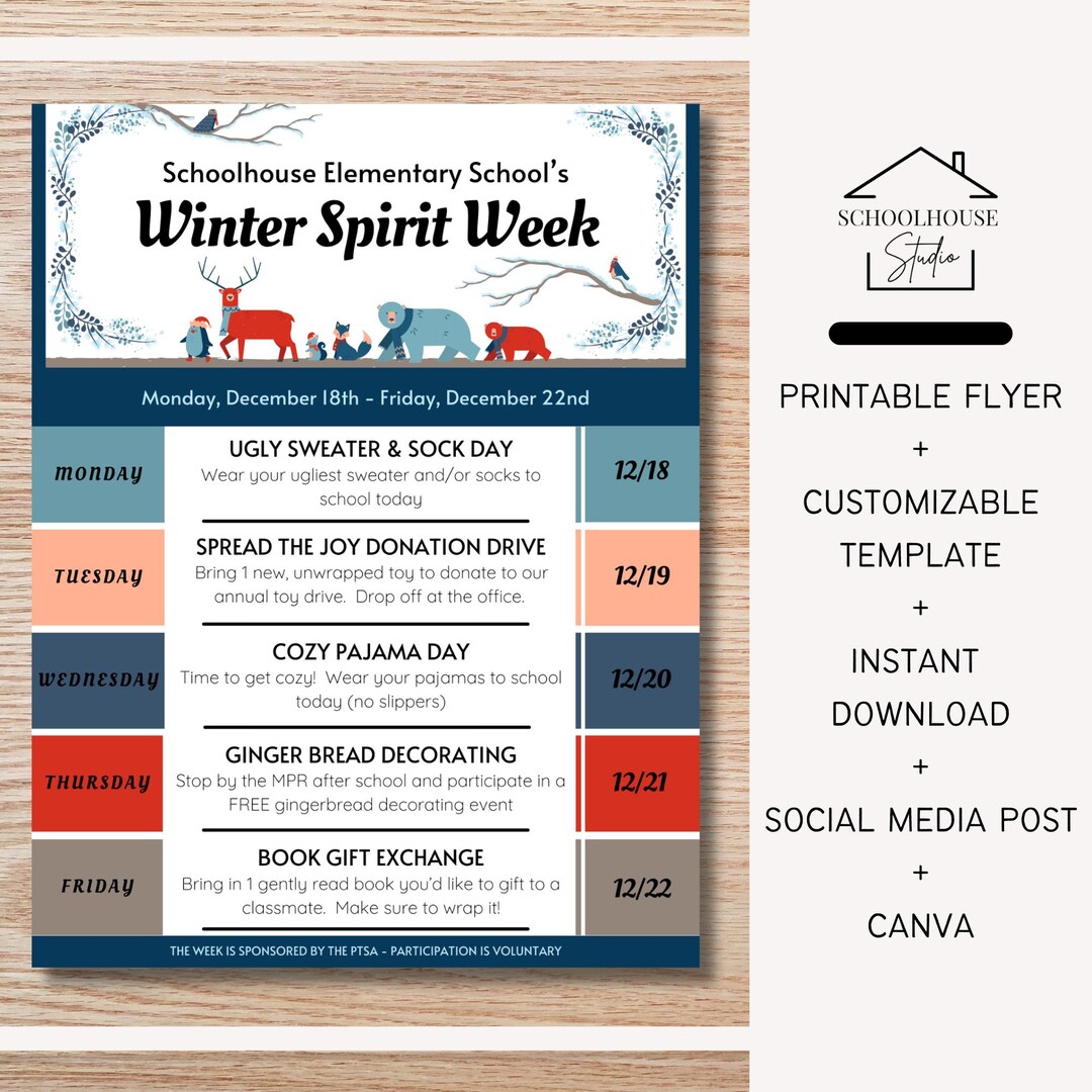 EDITABLE Winter Holiday December Calendar of Events, Spirit Week ...