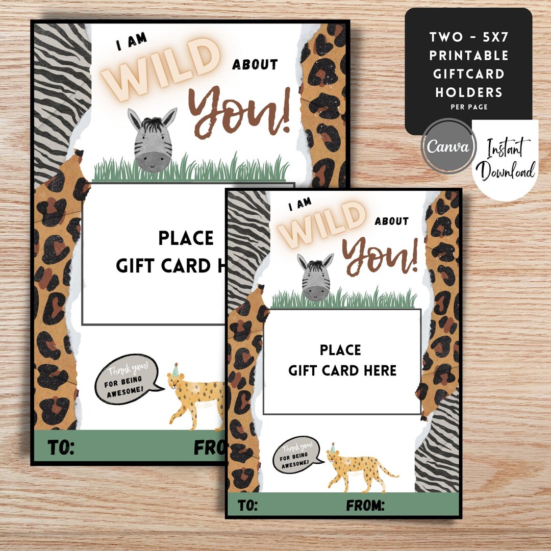 EDITABLE Jungle Wild About You Themed Gift Card Holder, Appreciation ...