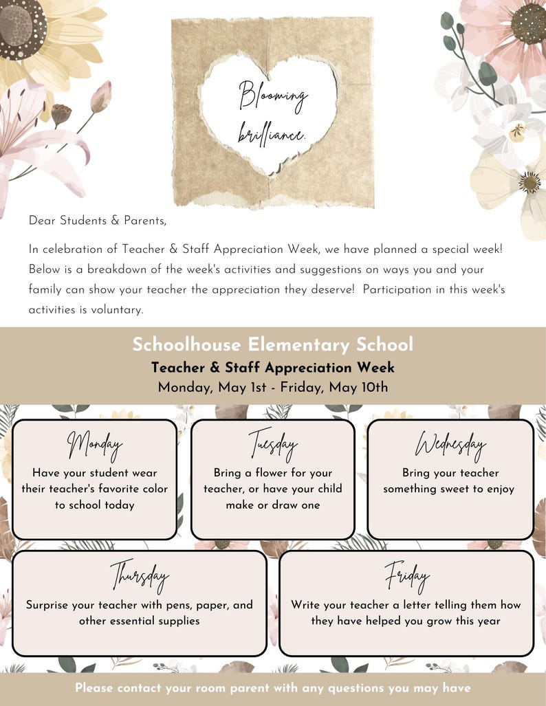 Blooming Brilliance Floral Template: Editable Teacher Appreciation Week ...
