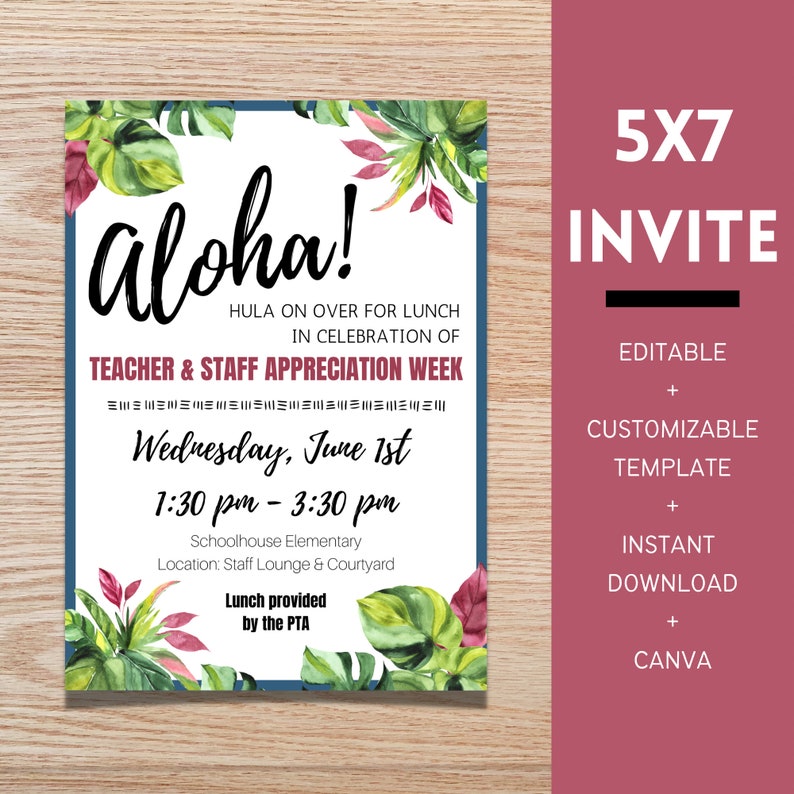 EDITABLE Hawaiian Luau Tropical Flower Theme Invite Lunch - Etsy
