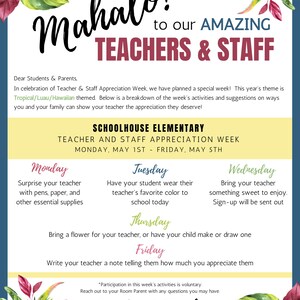 EDITABLE Hawaiian Luau Tropical Flowers Theme Teacher Appreciation Week ...