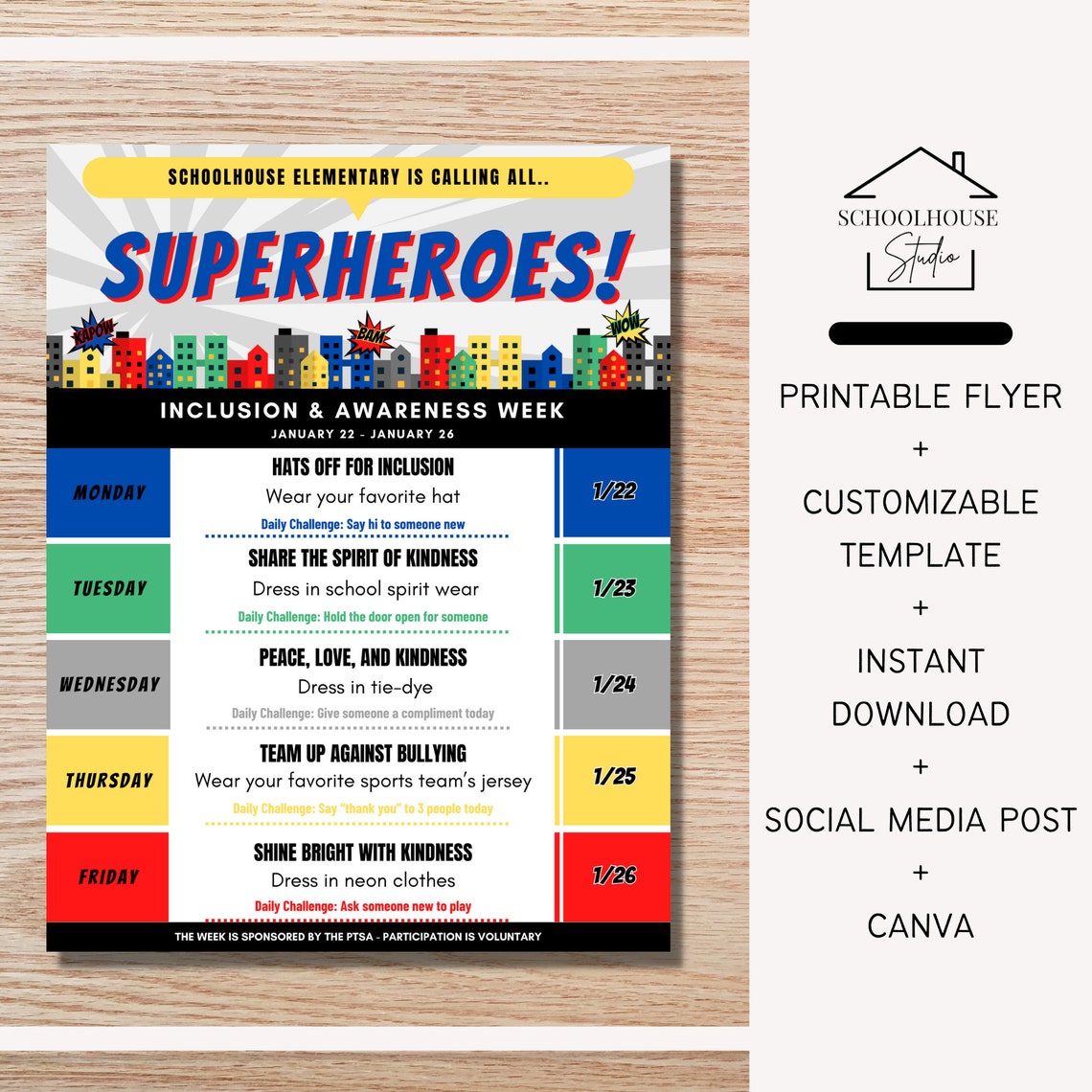 EDITABLE Super Hero Inclusion Awareness, Kindness Spirit Week Calendar ...