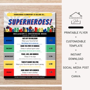 EDITABLE Super Hero Inclusion Awareness, Kindness Spirit Week Calendar ...