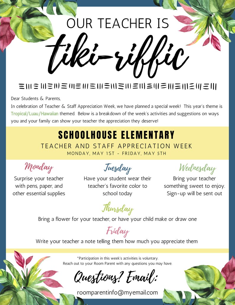 EDITABLE Hawaiian Luau Tropical Flowers Theme Teacher Appreciation Week ...